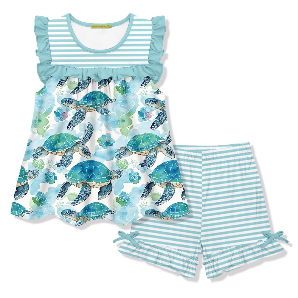 Millie Loves Lily Girls Mint Turtle Print Top and Stripe Short Set ...