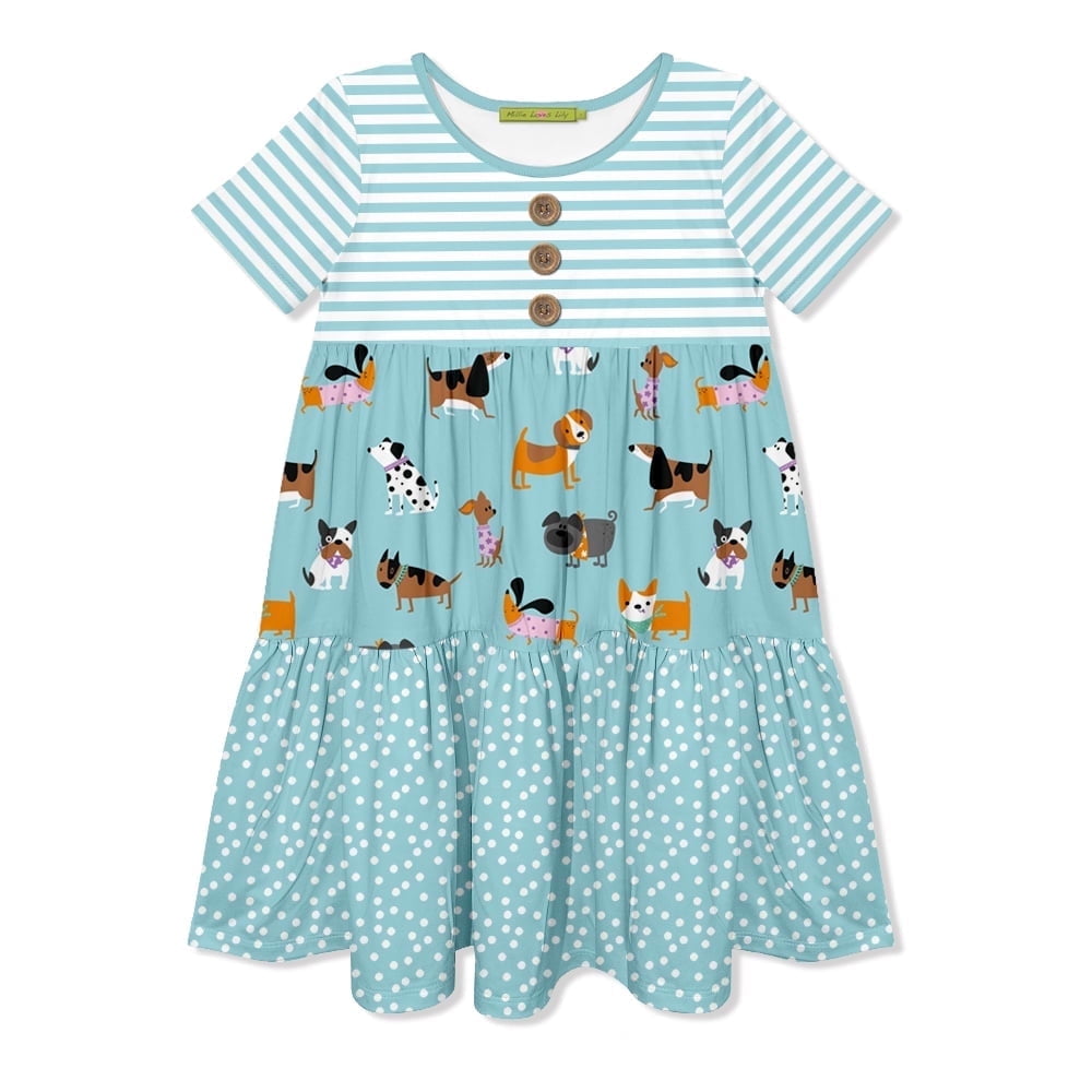 Millie Loves Lily Girls Nile Blue Doggie Printed Tiered Short Sleeve ...