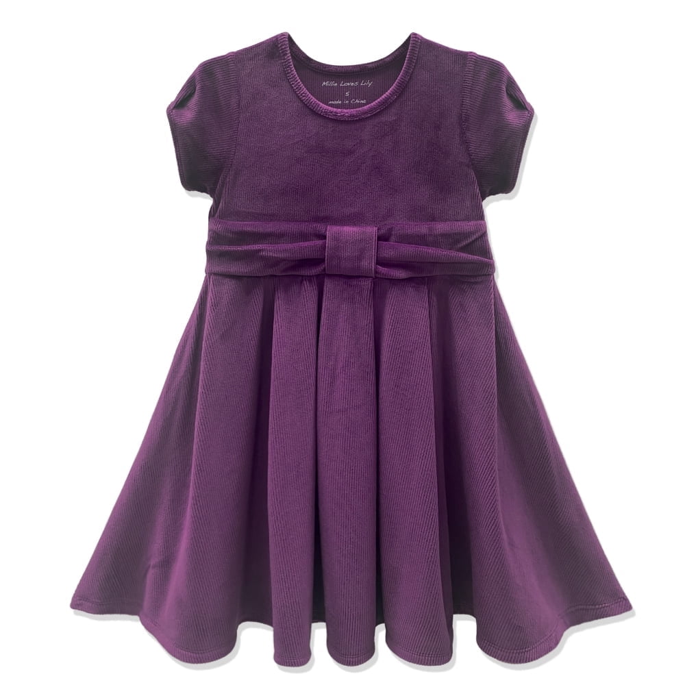Millie Loves Lily Girls' Plum Rib Velour Short Sleeve Dress With Bow ...