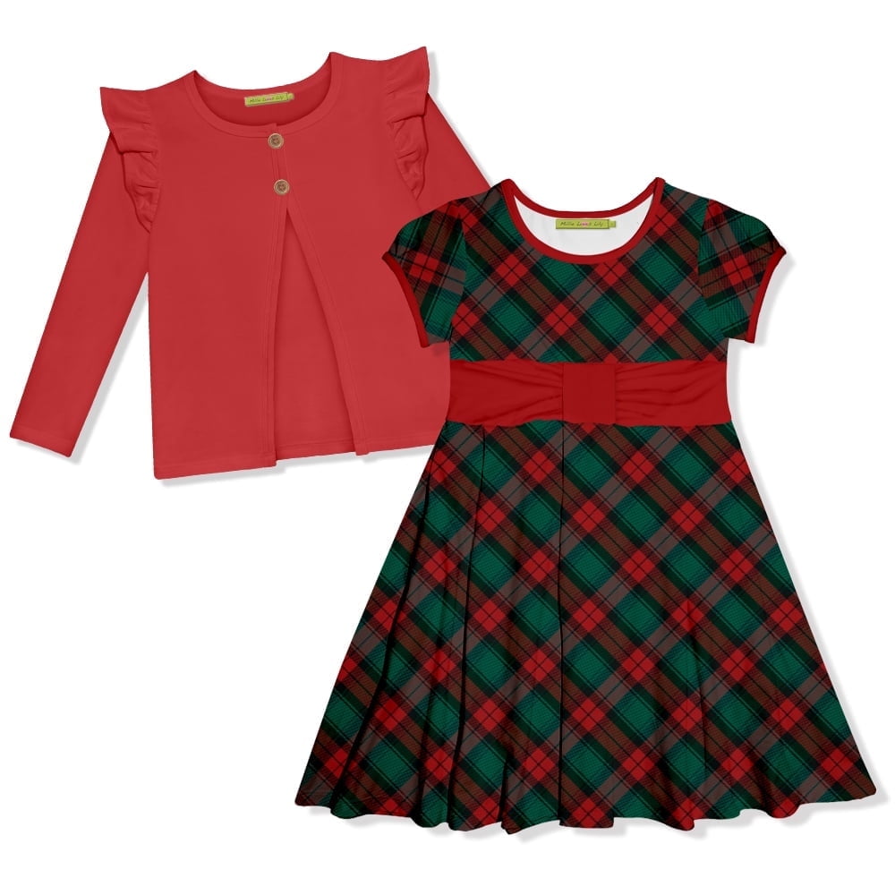 Millie Loves Lily Girls' Red Plaid Dress and Cardigan Set, Big Girls ...