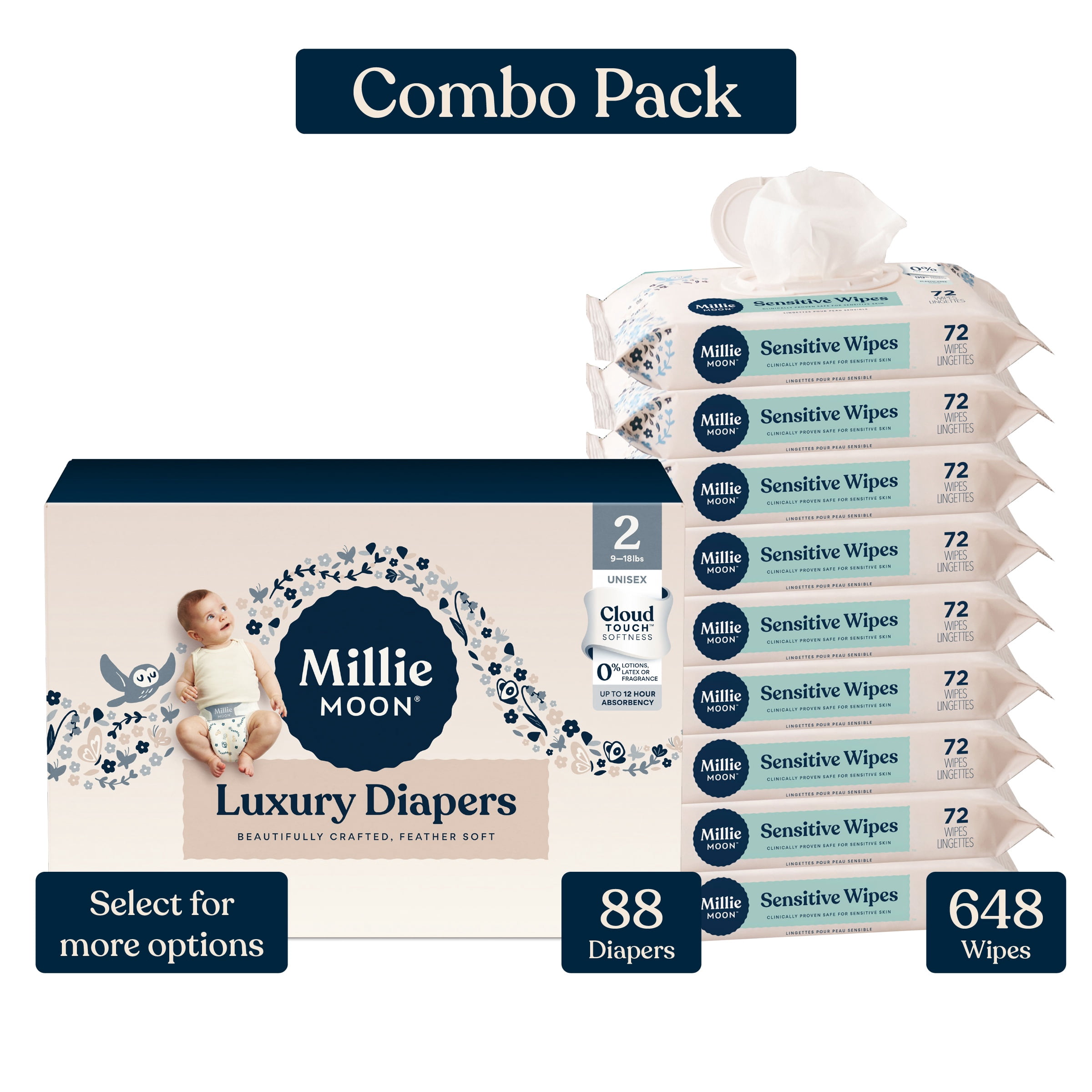 Millie Moon Luxury Diapers, Size 2, 88 Count, and Millie Moon Sensitive ...