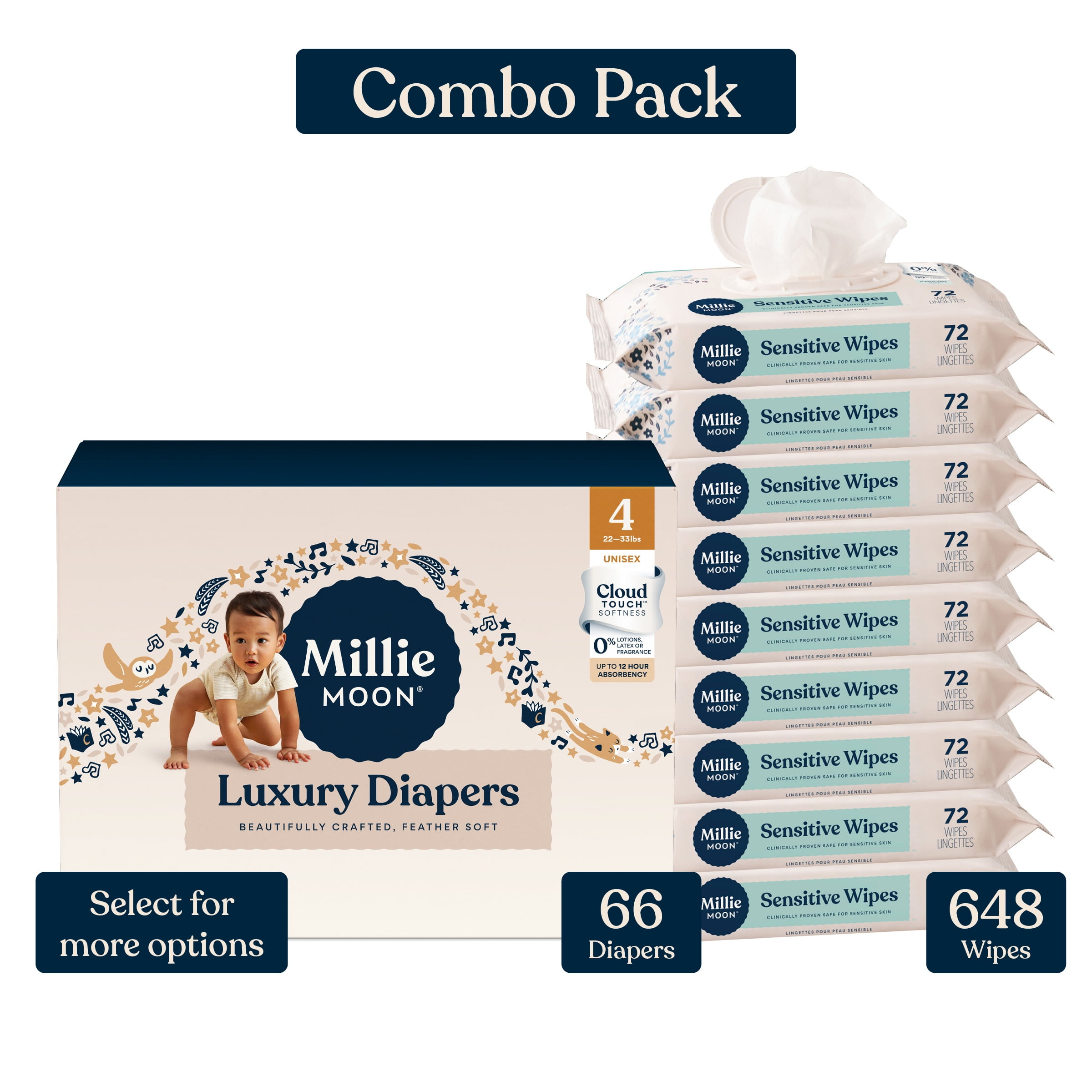 Millie Moon Luxury Diapers, Size 4, 66 Count, and Millie Moon Sensitive Baby Wipes, 9 Pack, 648 ...