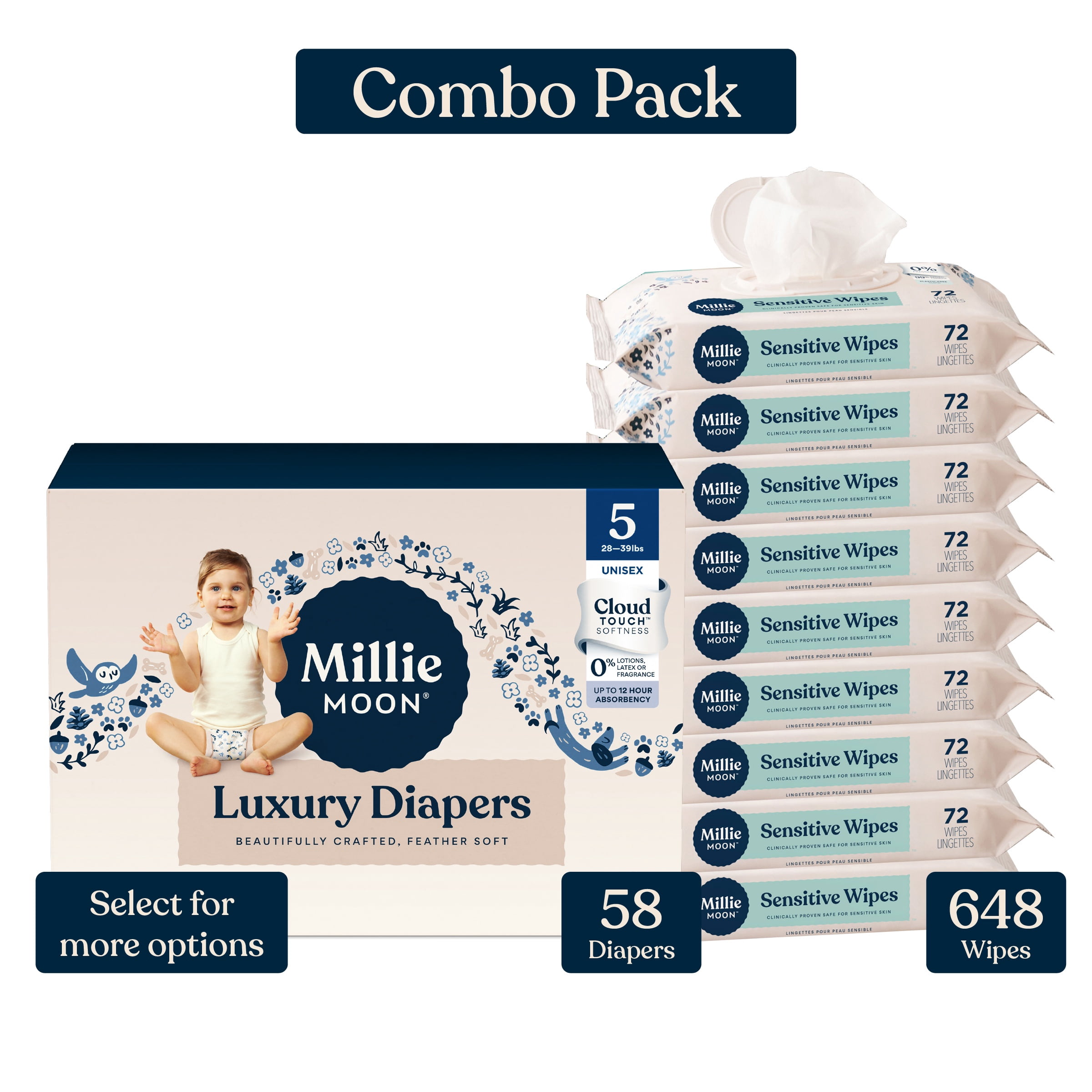 Millie Moon Luxury Diapers, Size 5, 58 Count, and Millie Moon Sensitive ...