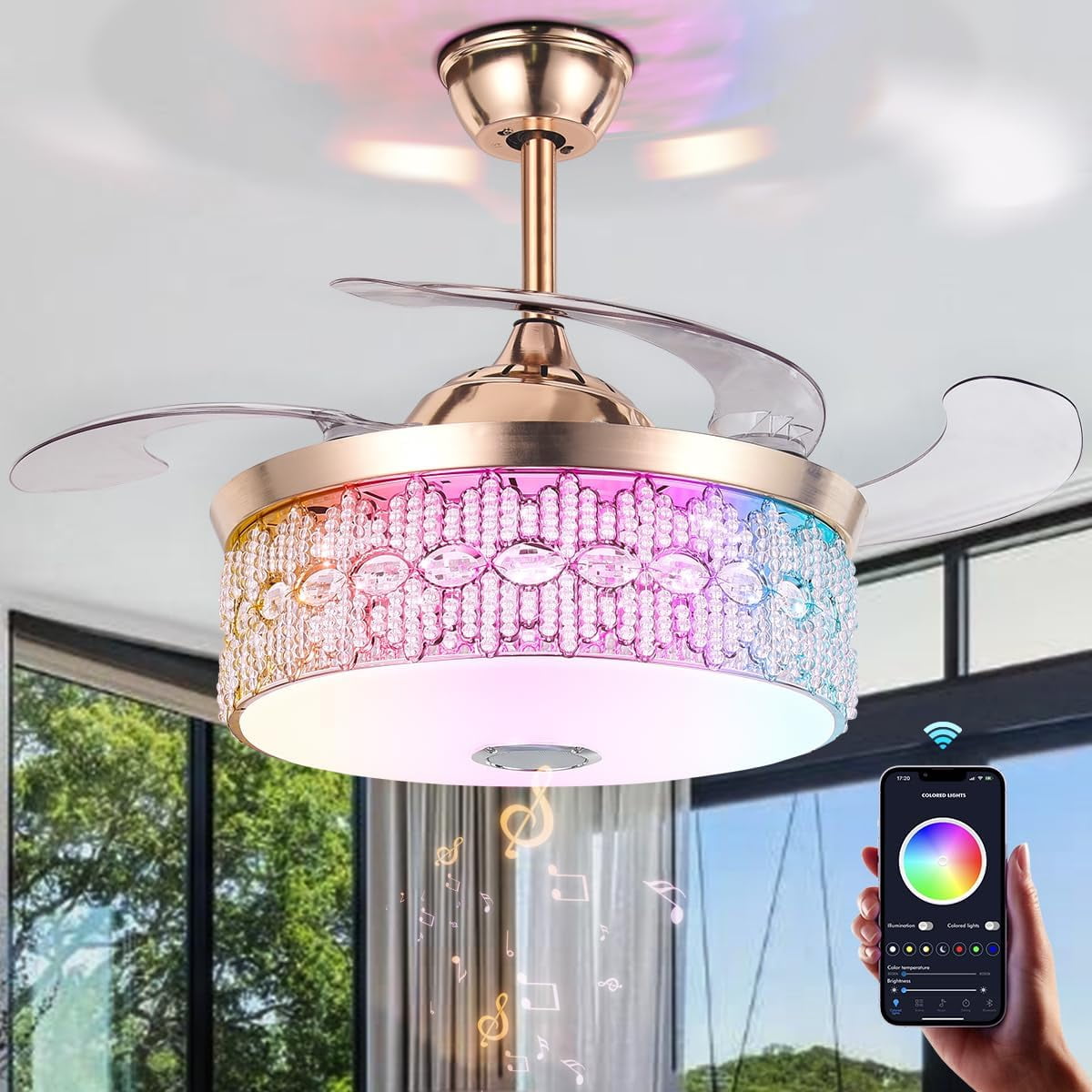 A Million 42" Modern Gold Ceiling Fan with Lights Retractable Blades ...