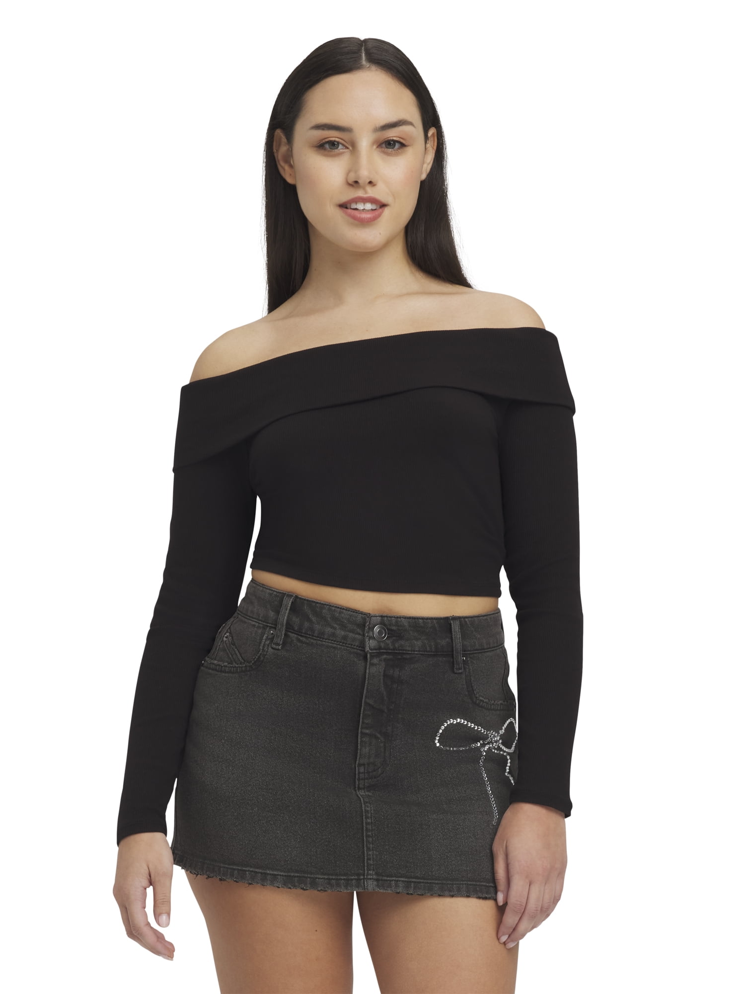 Mills by Millie Bobby Brown Women's Ribbed Off the Shoulder Long Sleeve ...