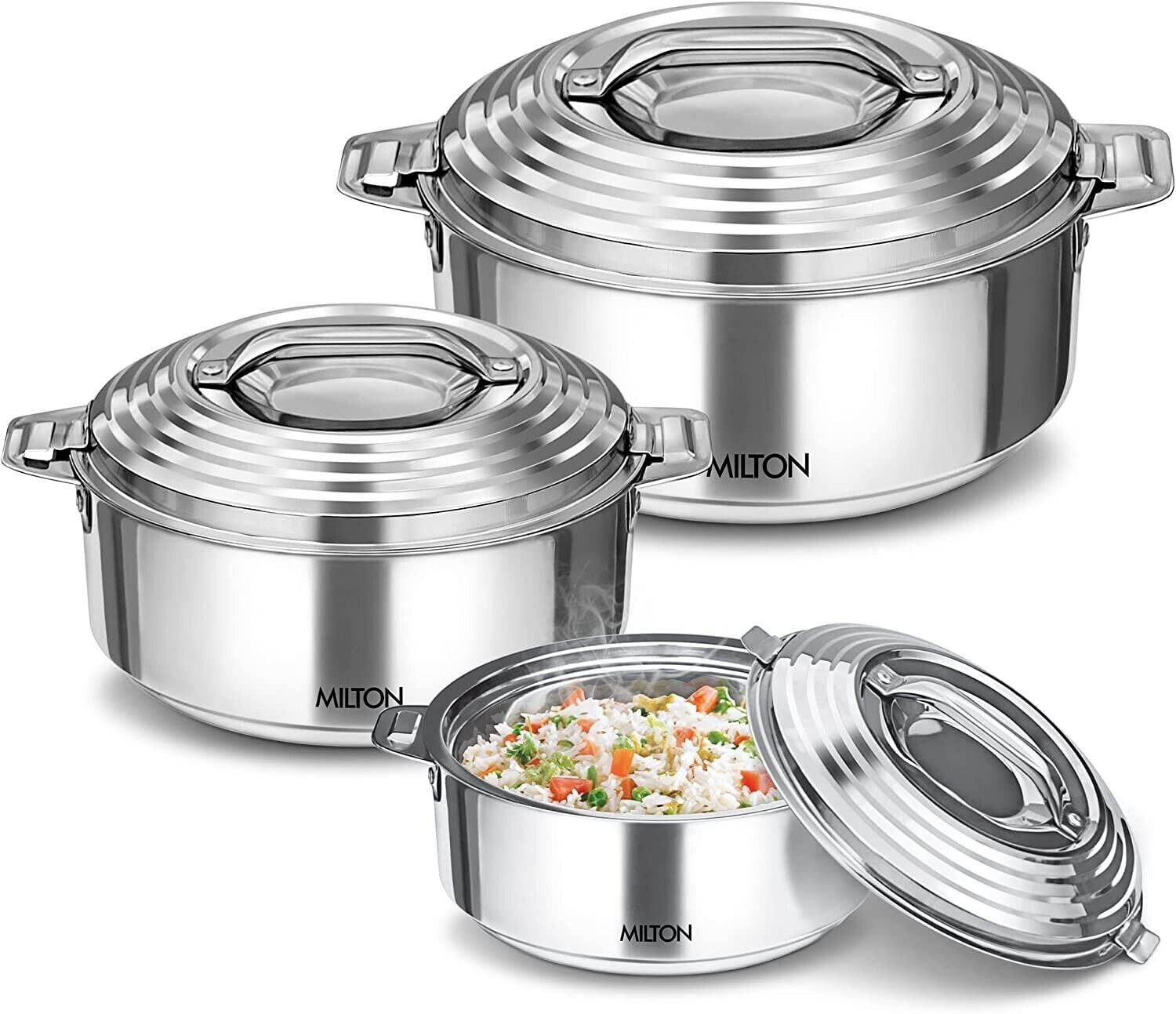 Milton Thermosteel Galaxia Insulated Casseroles, Set of 3, Silver ...
