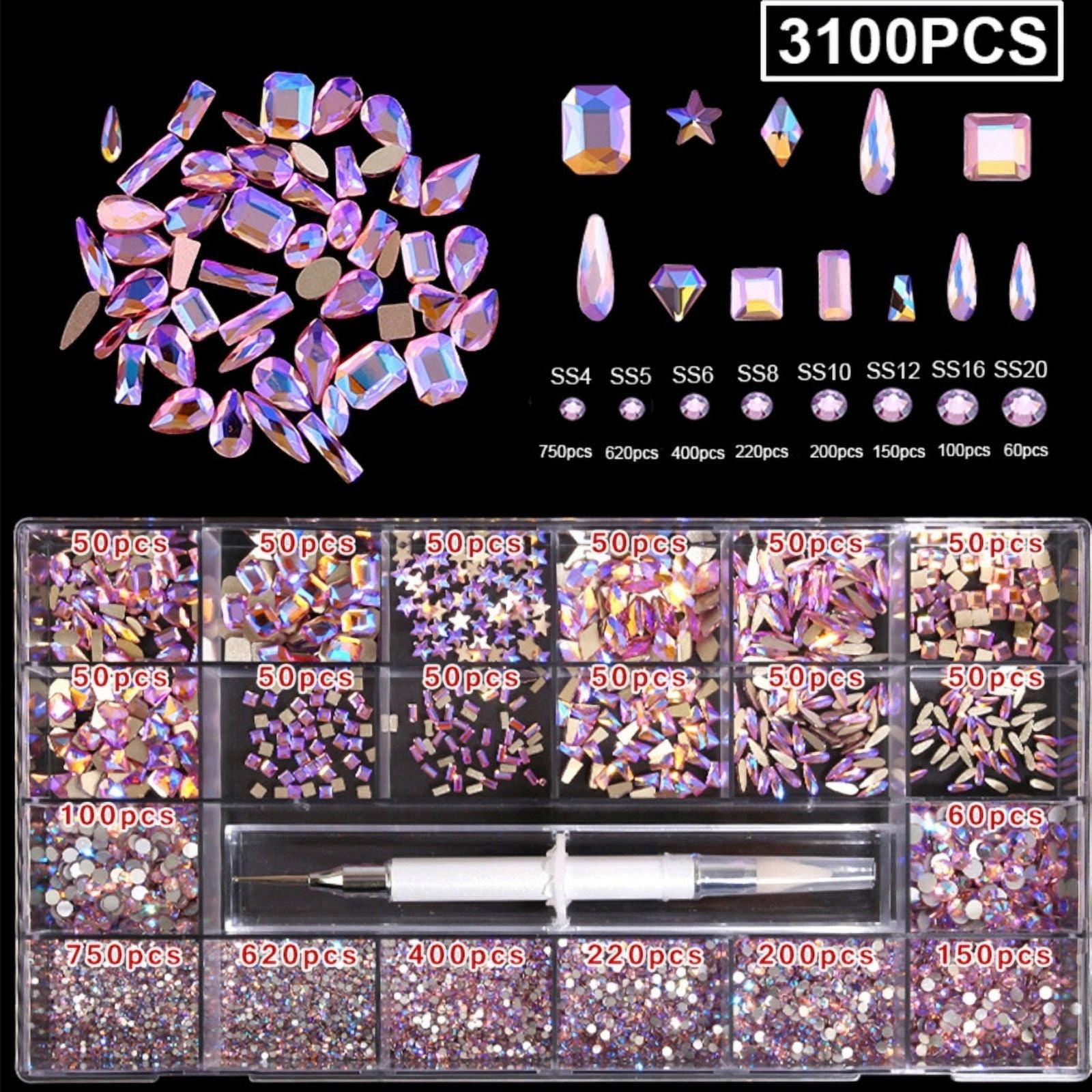 Milue Multi Shapes Gems Nail Art Rhinestones Kit Flat Back Nail Gems ...