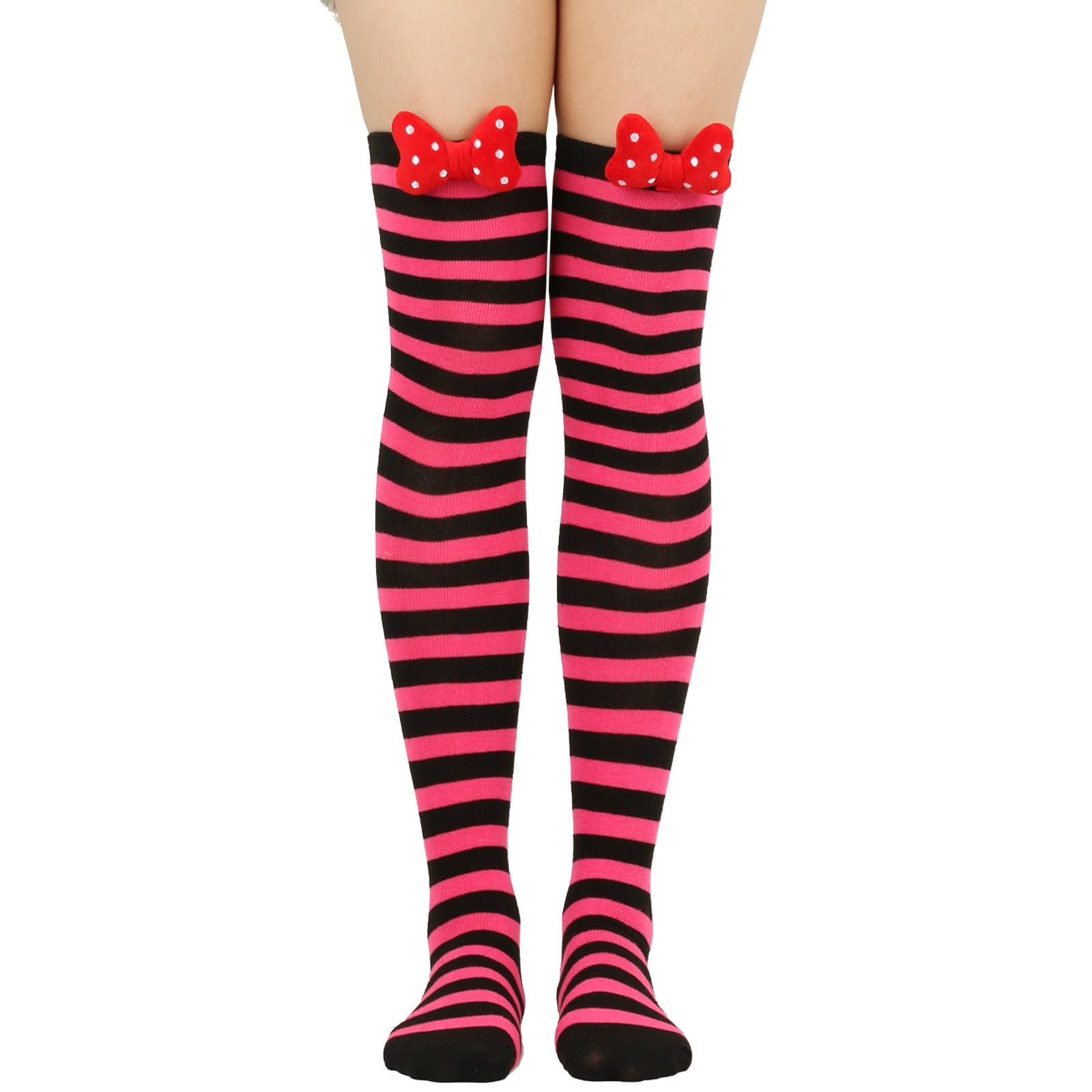 Milue Women Holiday Thigh High Long Socks Party 3D Bowknot Striped ...