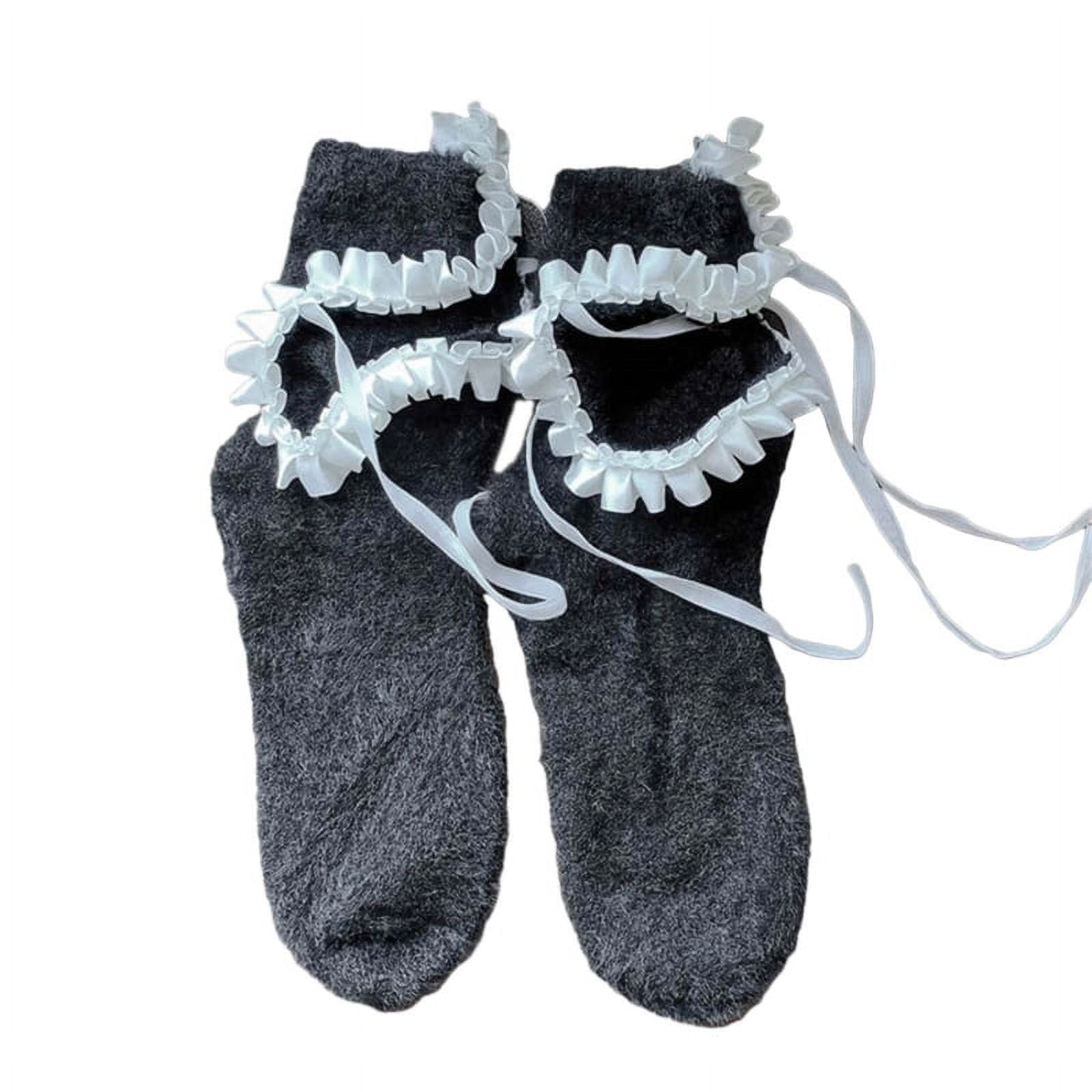 Milue Women Japanese Fuzzy Socks Cute Bow Hollow Ruffle Trim Winter ...