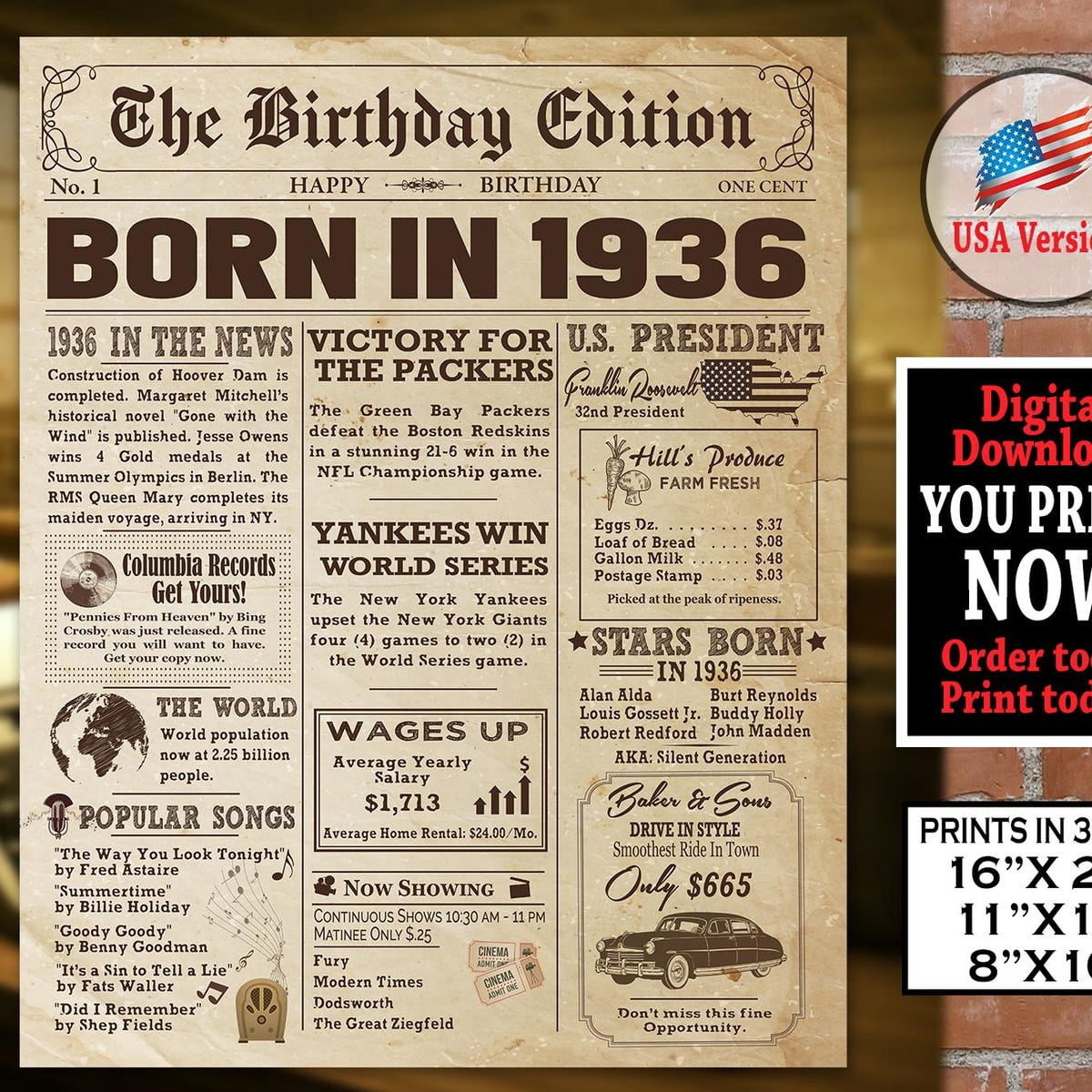Miluva 1936 Birthday Newspaper Poster For 1936 Birthday, Facts For 1936 ...