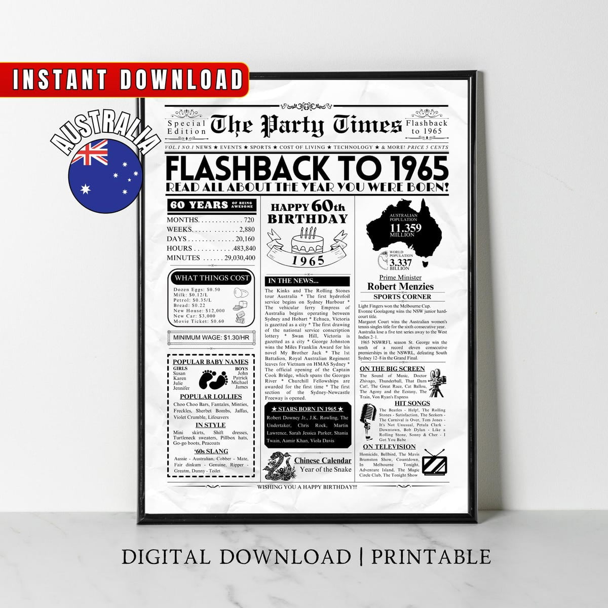 Miluva 1965 Australia 60Th Birthday Newspaper Print Australian 60Th ...