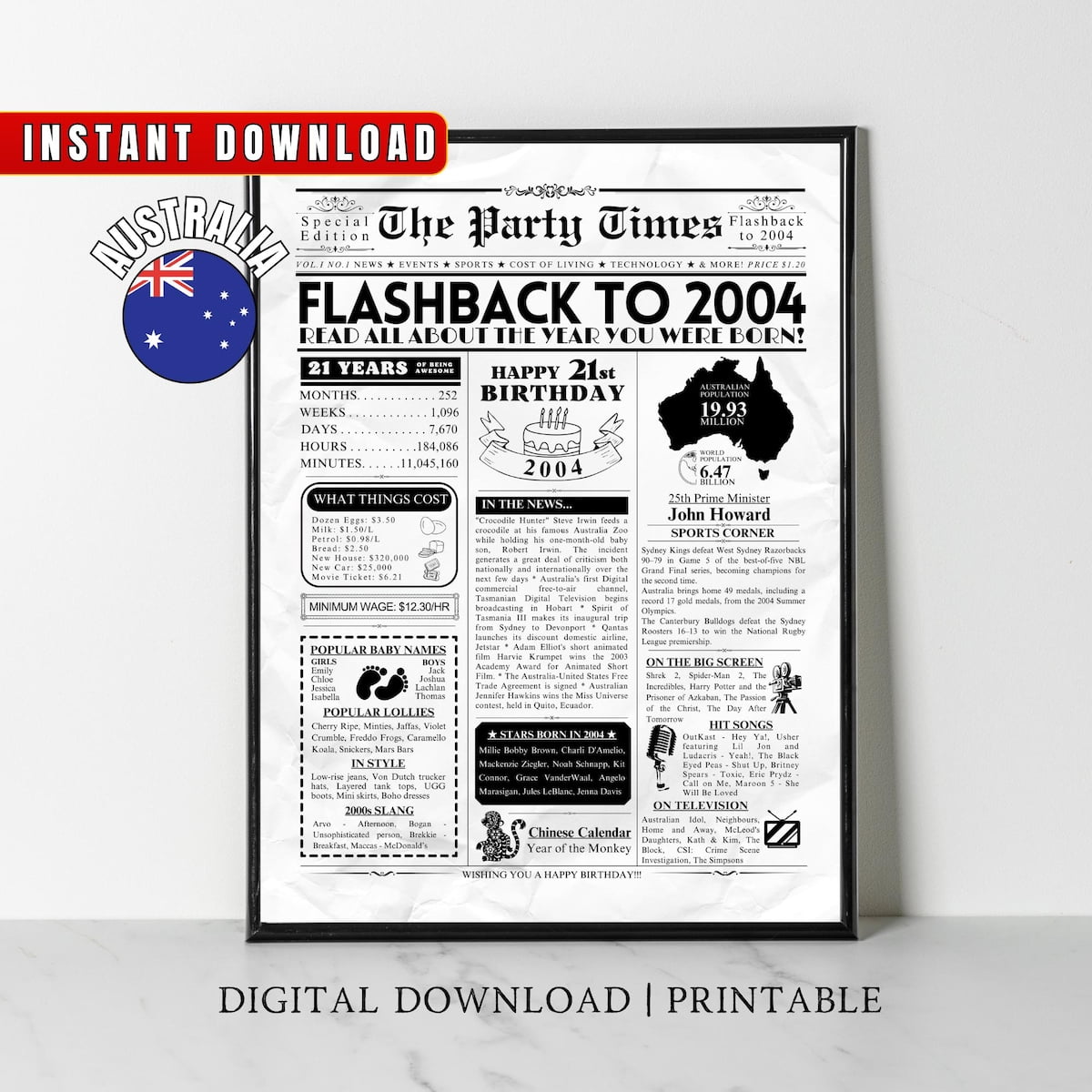 Miluva 2004 Australia 21St Birthday Newspaper Print Australian 21St ...