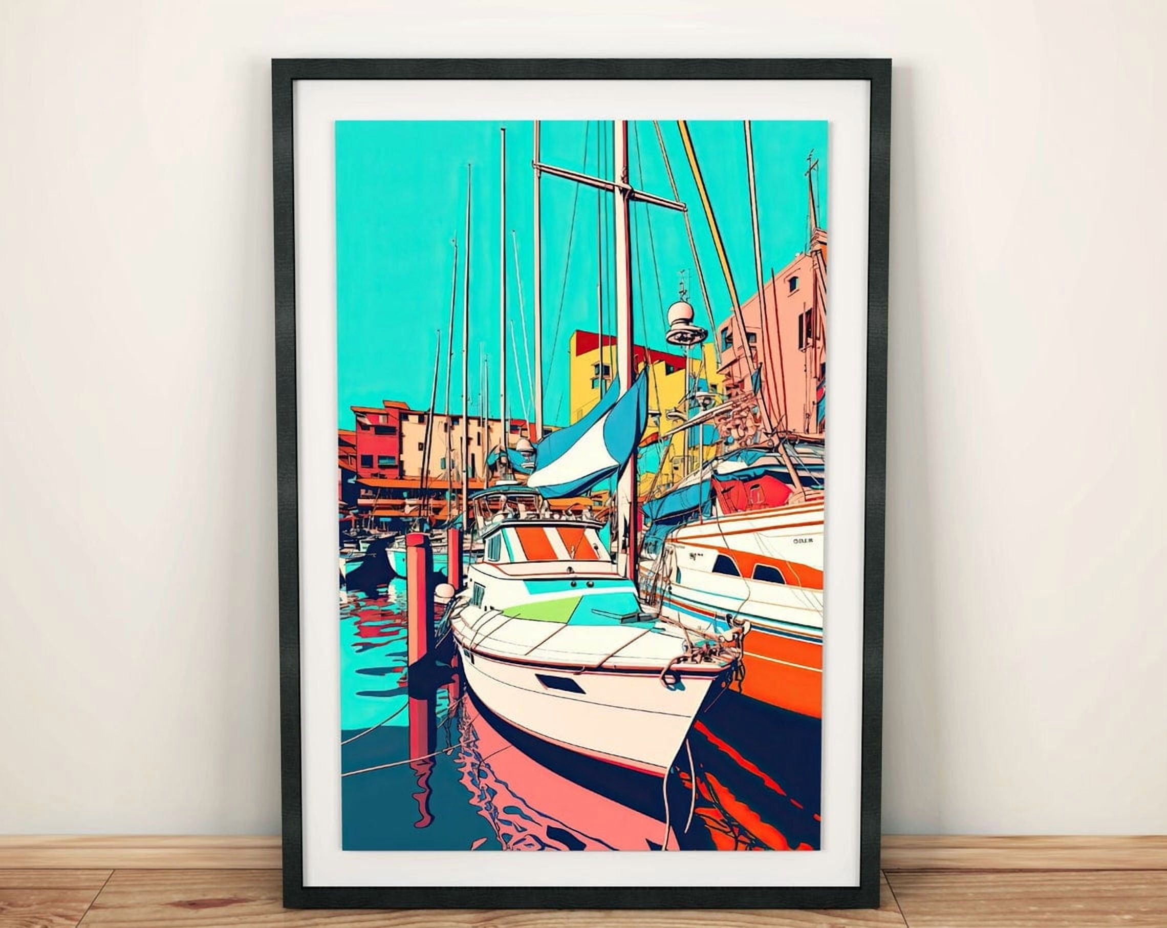 Miluva Abstract Harbor Poster With Yacht Modern Wall Art In Bold Colors ...