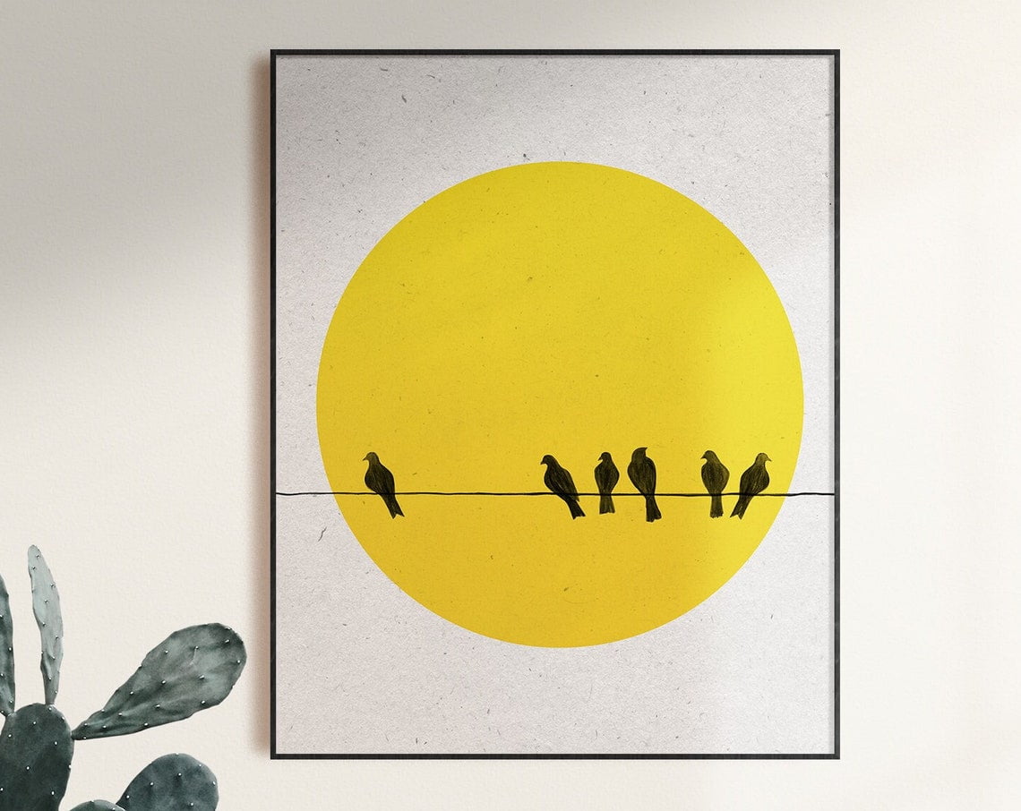 Miluva Abstract Sun Print, Mustard & Black, Sun Rising, Birds Poster ...