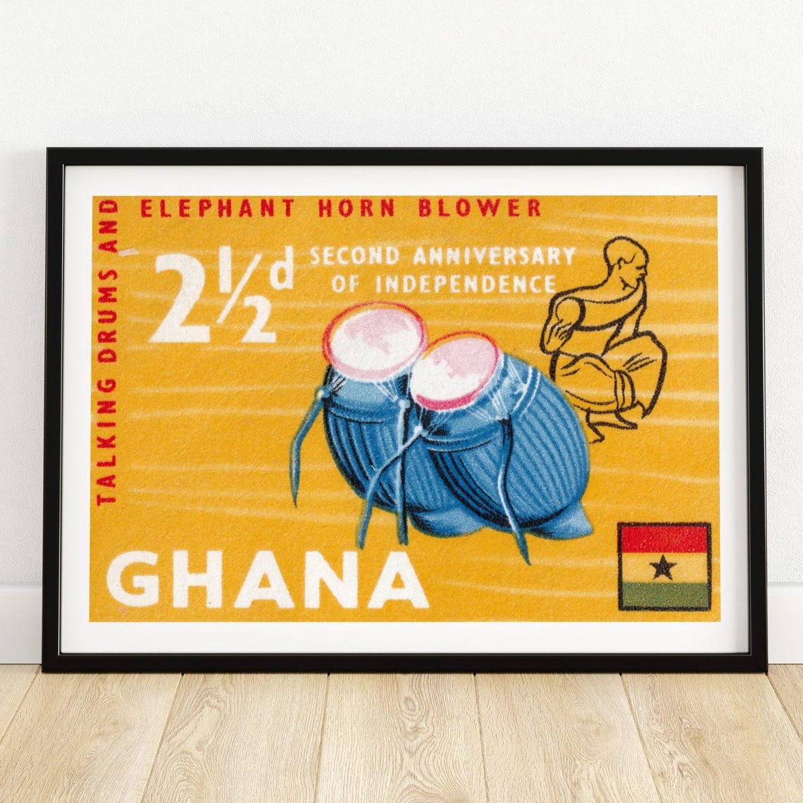Miluva African Drums Blue - Vintage Ghana Art - Postage Stamp Print ...