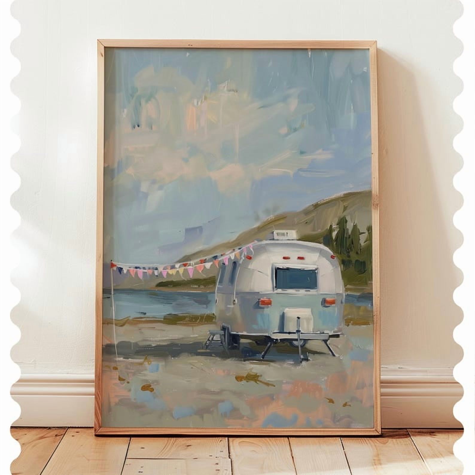 Miluva Airstream Camping Print Retro Camper Van Wall Art, Lake Cabin ...