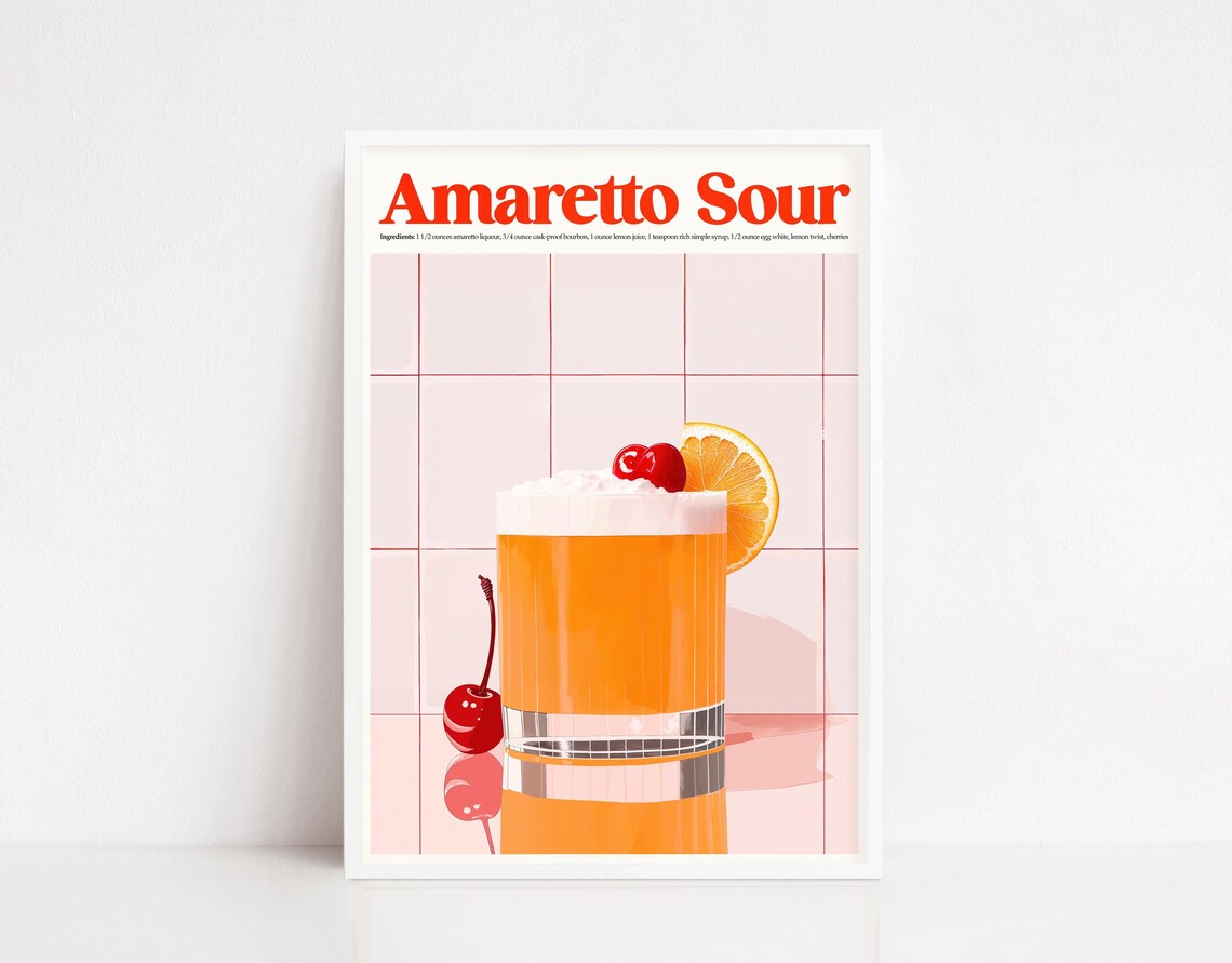 Miluva Amaretto Sour Poster Retro Cocktail Art Print, Italian Liqueur ...