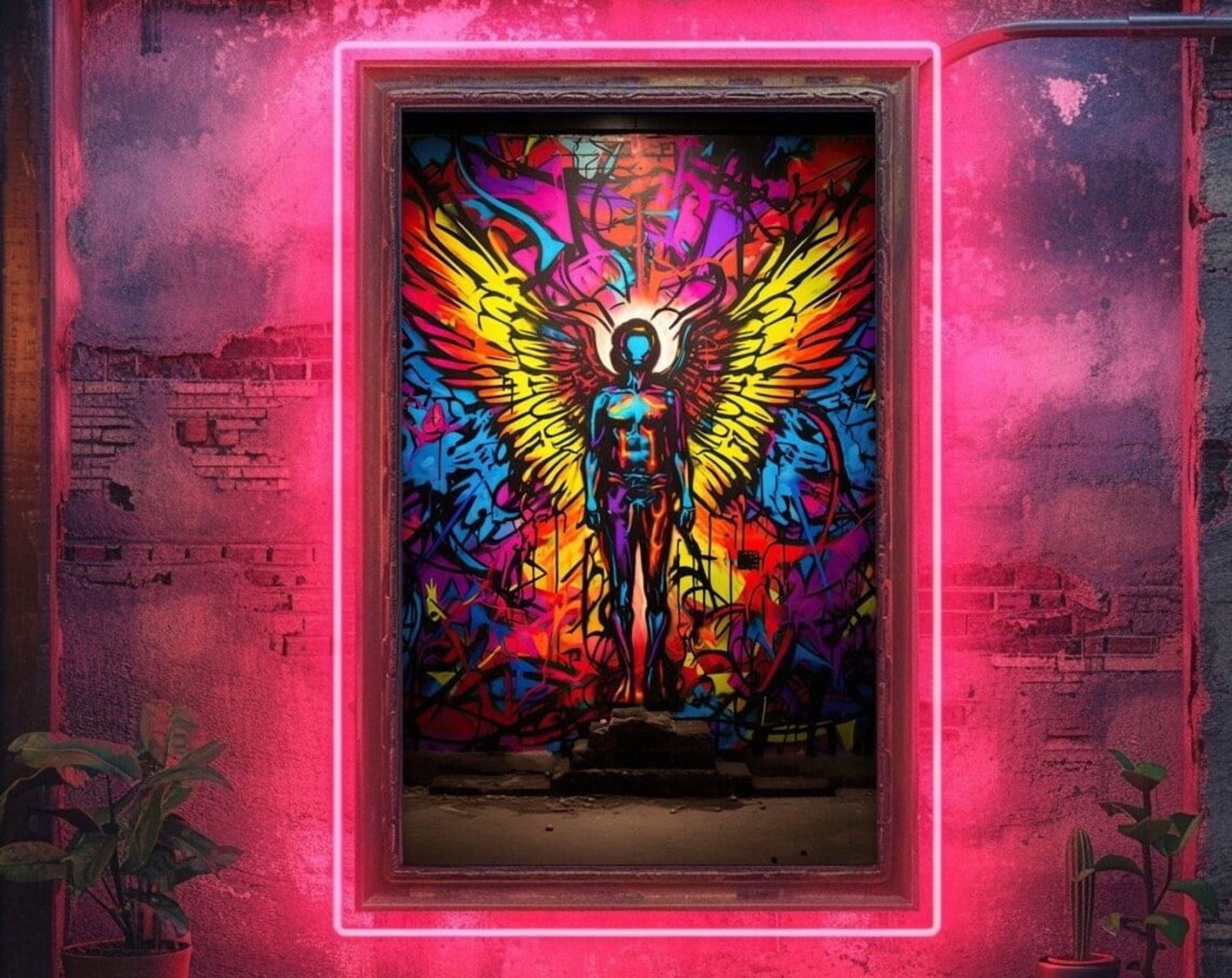 Miluva Angel With Wings Graffiti Wall Art, , Colorful Angel Wall Decor ...