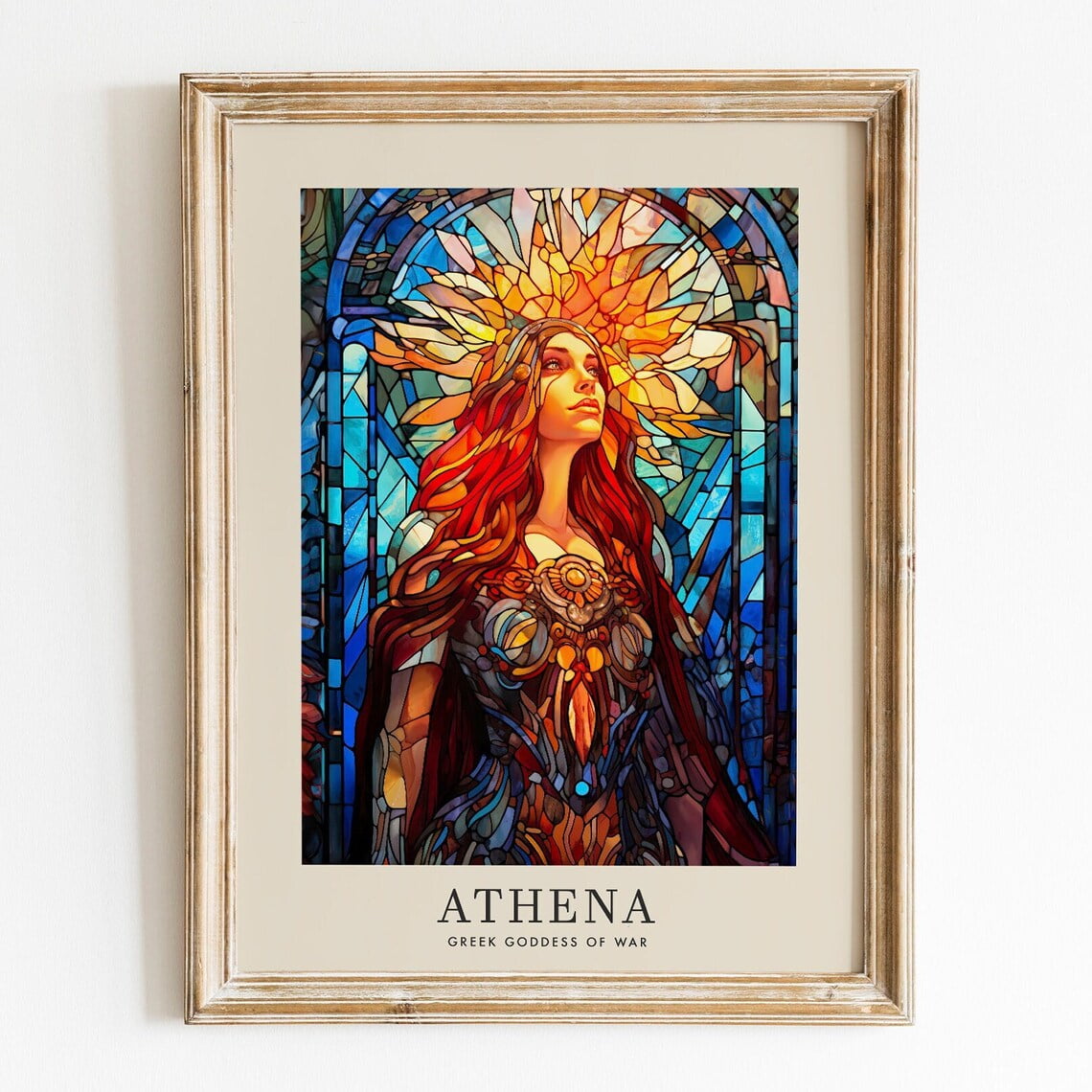 Miluva Athena Greek Goddess Of War, Wall Print Stained Glass Style, Athena Wall Art, Greek ...