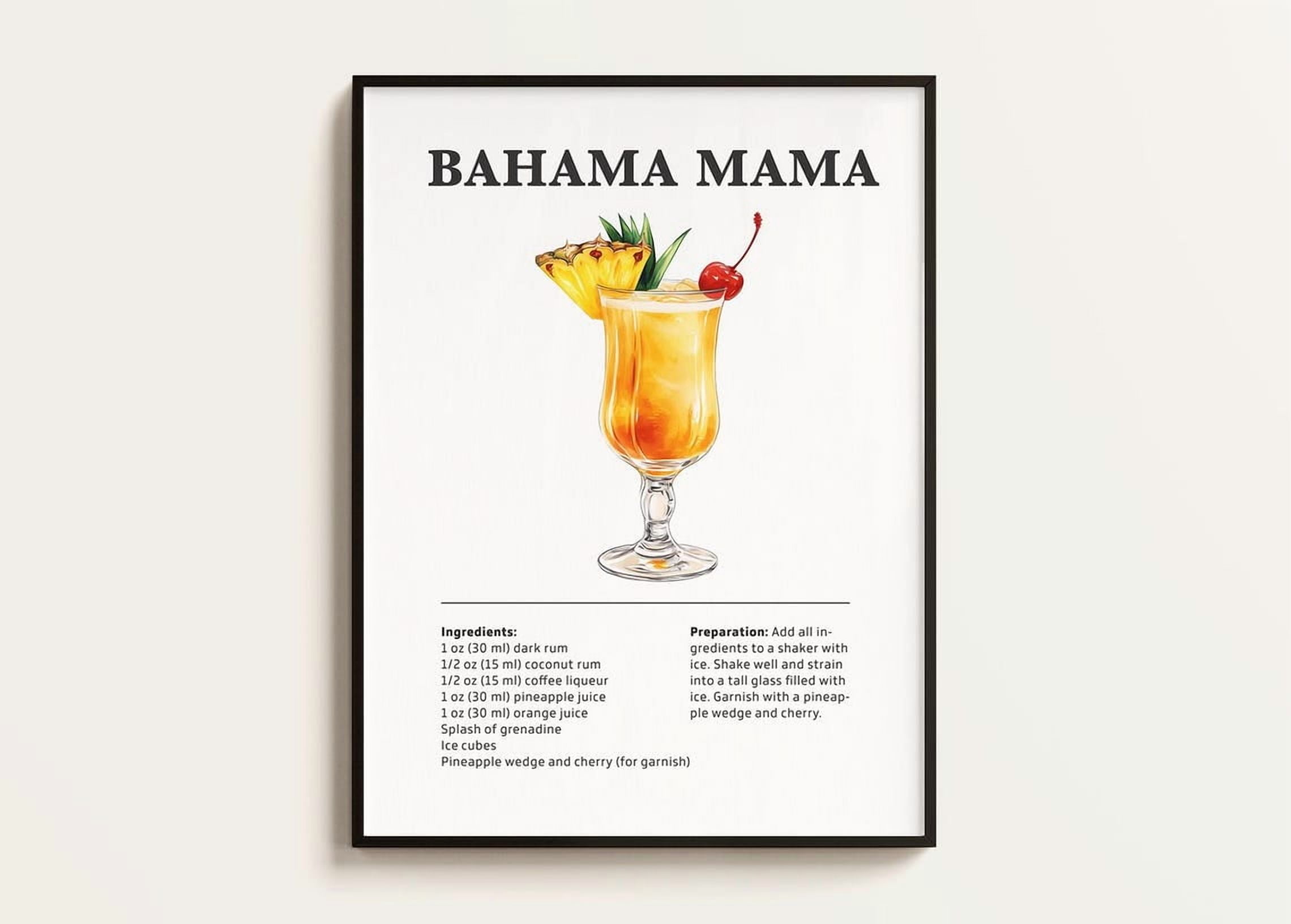 Miluva Bahama Mama Cocktail Poster, Recipe, Cocktail Print, Bar ...