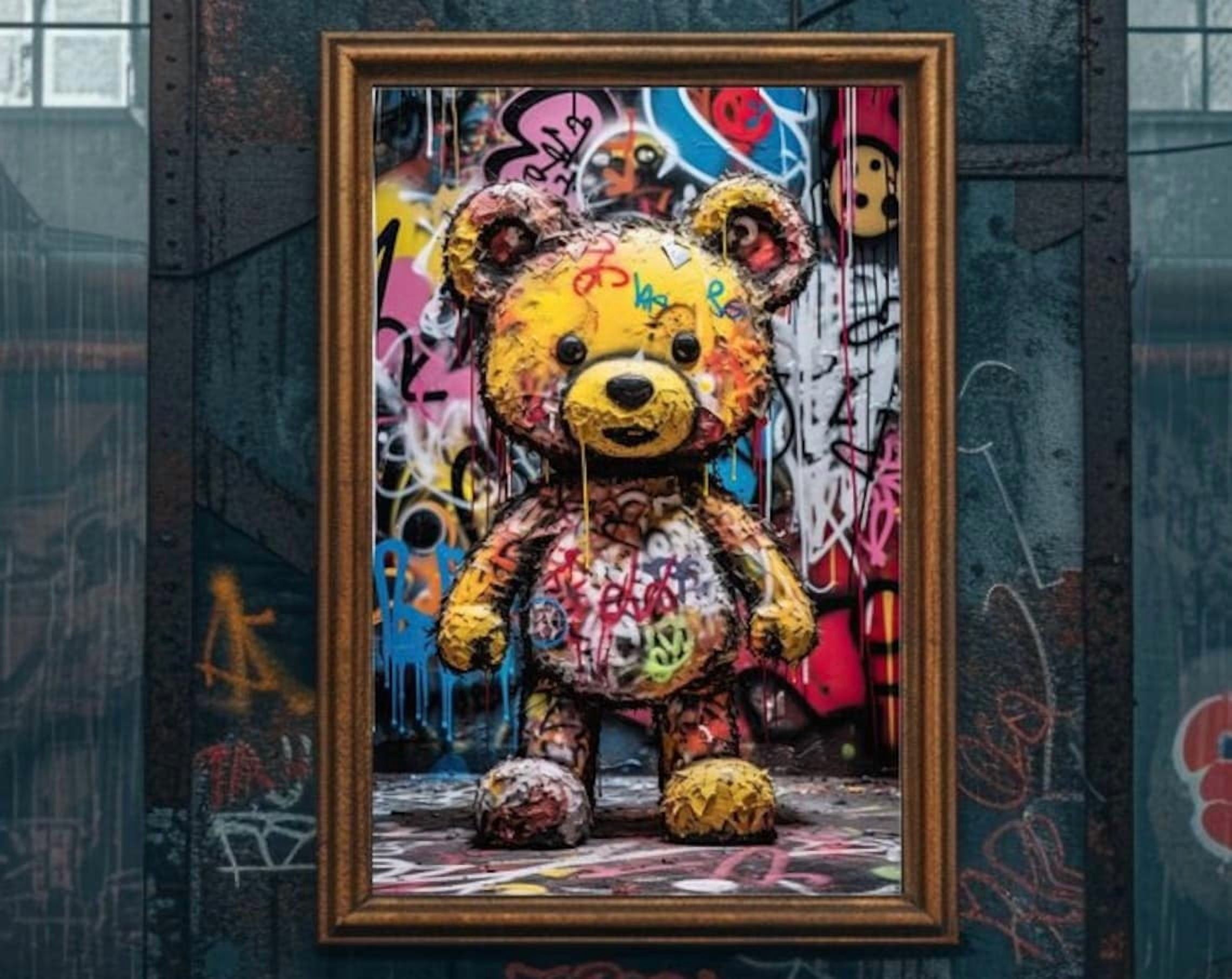 Miluva Banksy-Inspired Teddy Bear Graffiti, Vibrant Urban Street Art ...