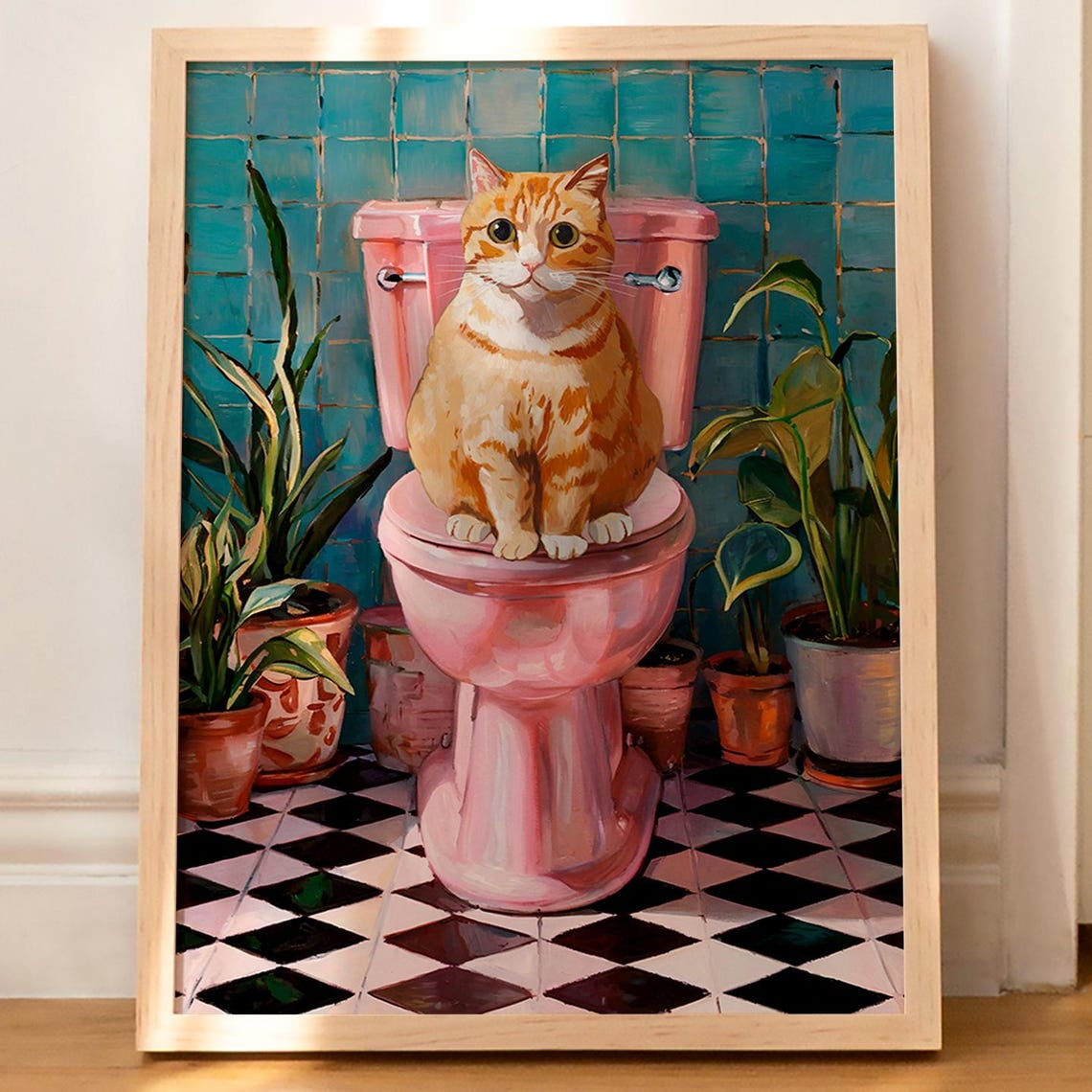Miluva Bathroom Cat Print Poster Wall Decor Pooping Print Pink Toilet ...