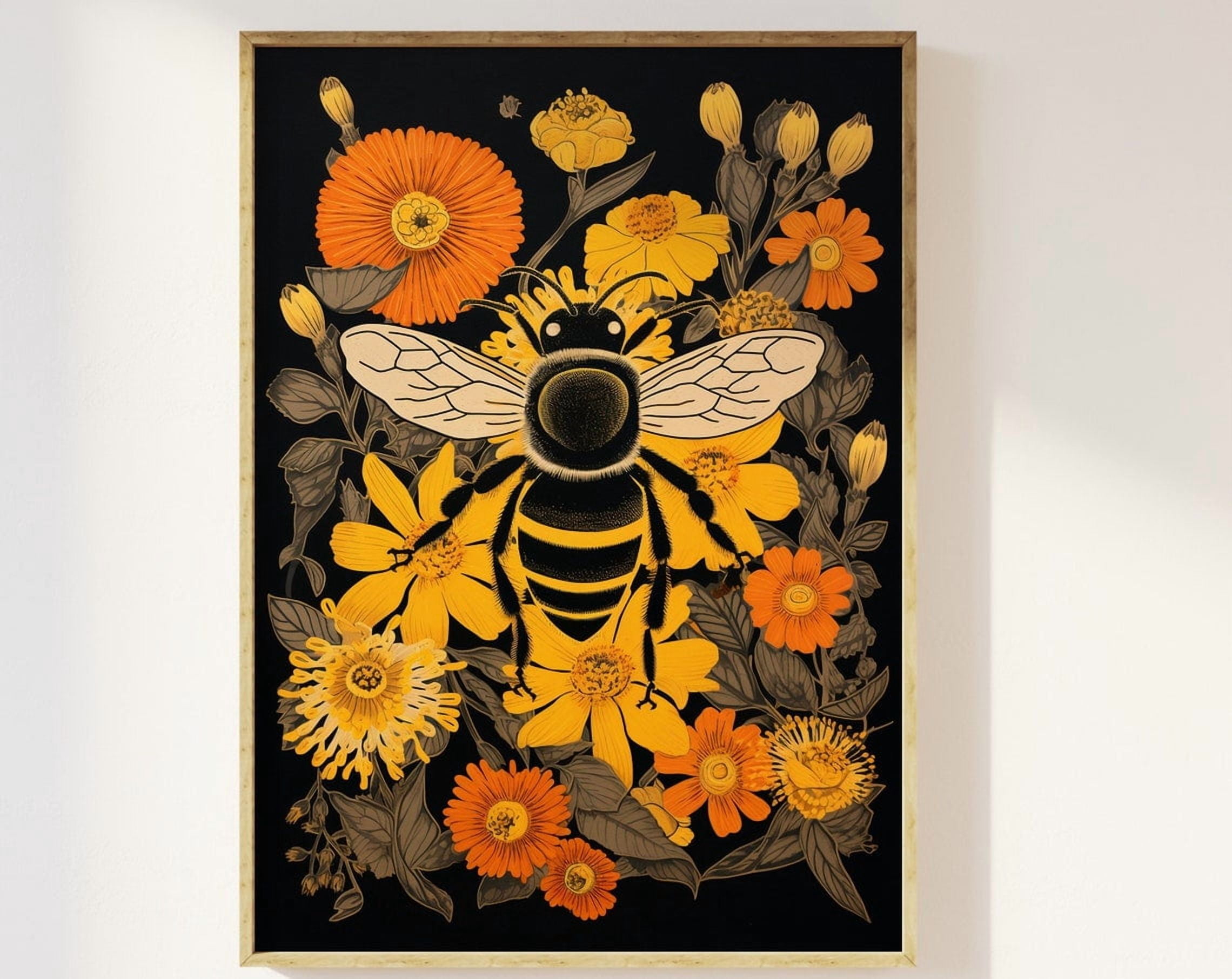 Miluva Bee And Flowers Vintage Block Print Style Art Print Bumble Bee ...