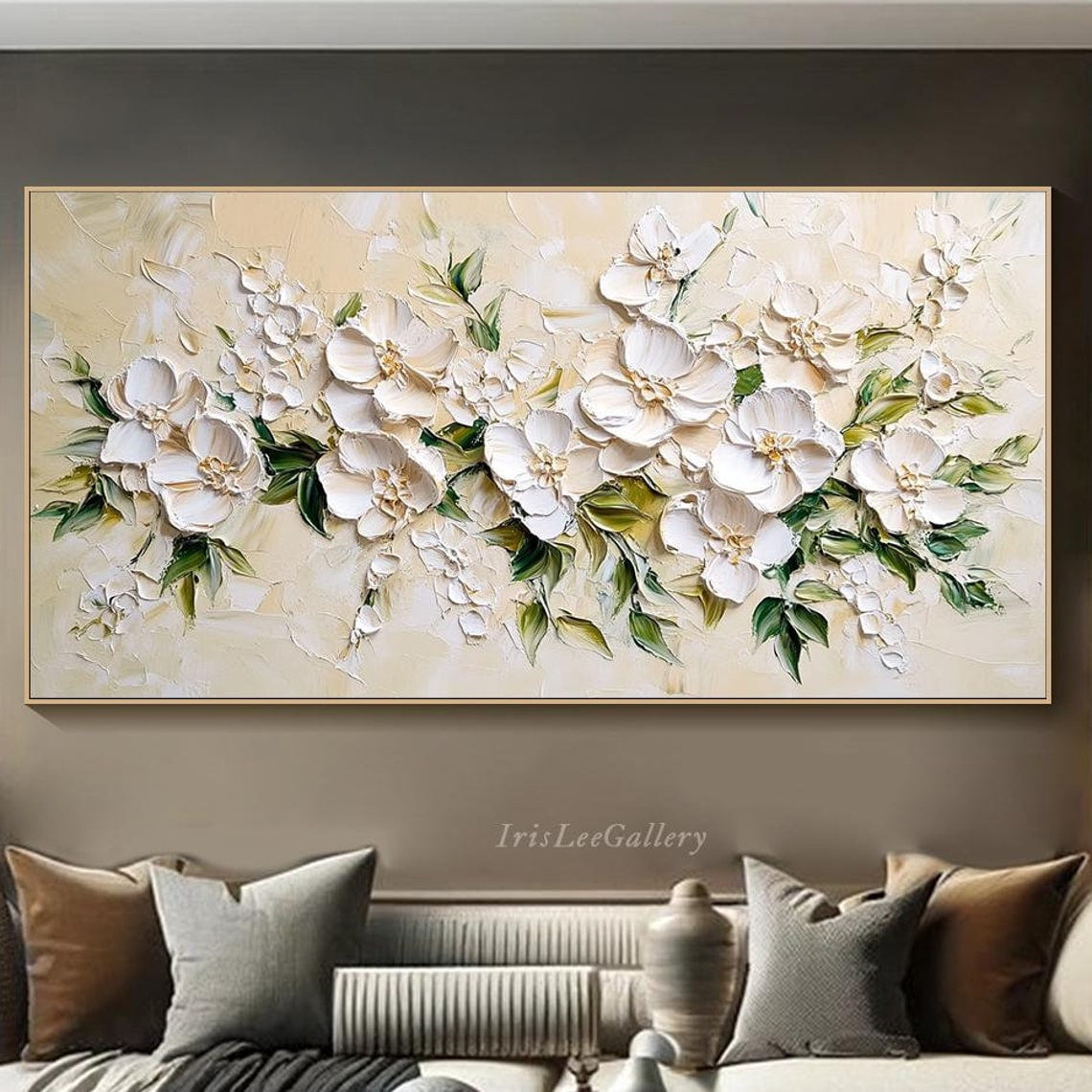 Miluva Beige Flower On Neutral Bloom Textured Wall Art Impasto White ...