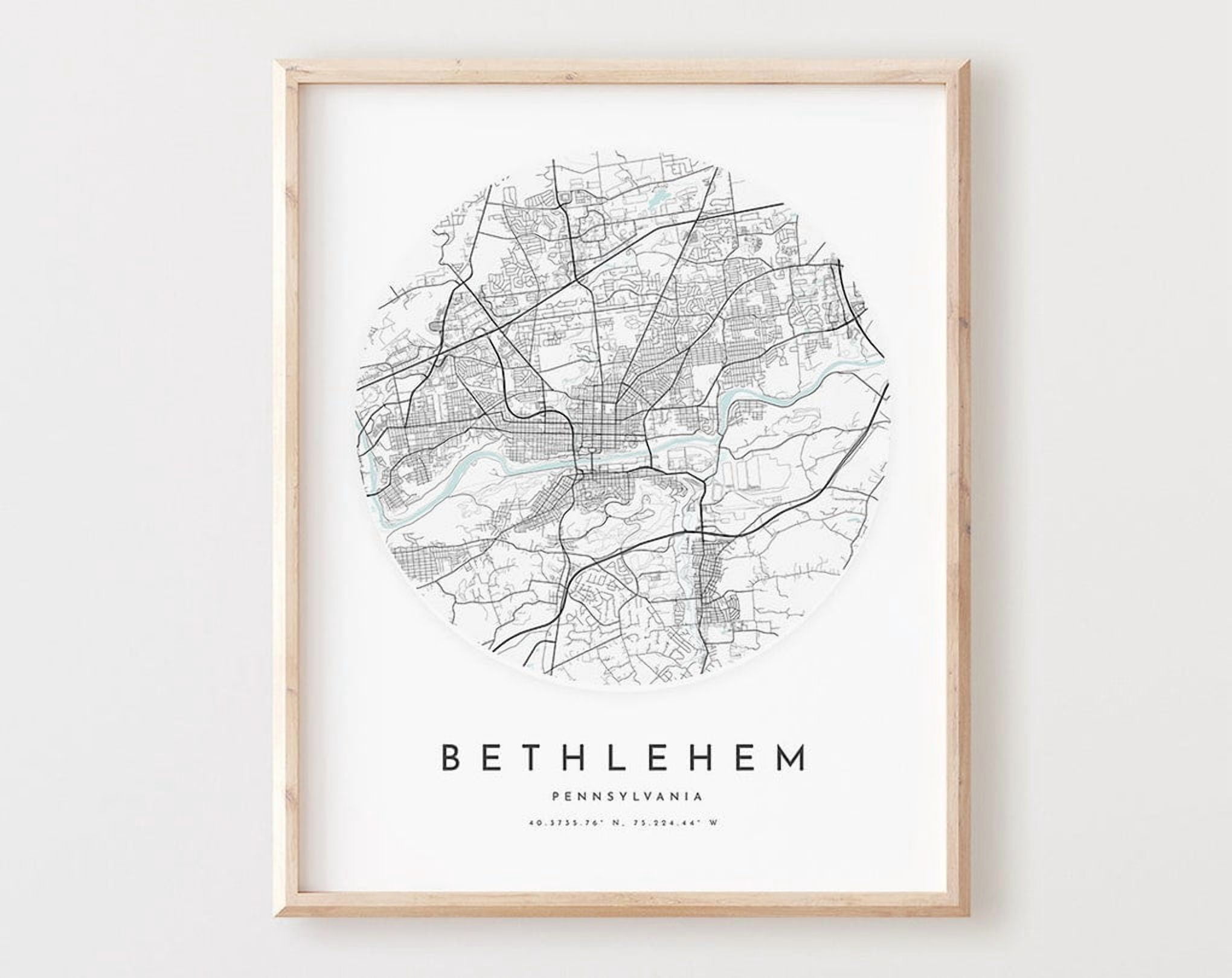 Miluva Bethlehem Map Print, Bethlehem Map Poster City Wall Art, Pa Road ...