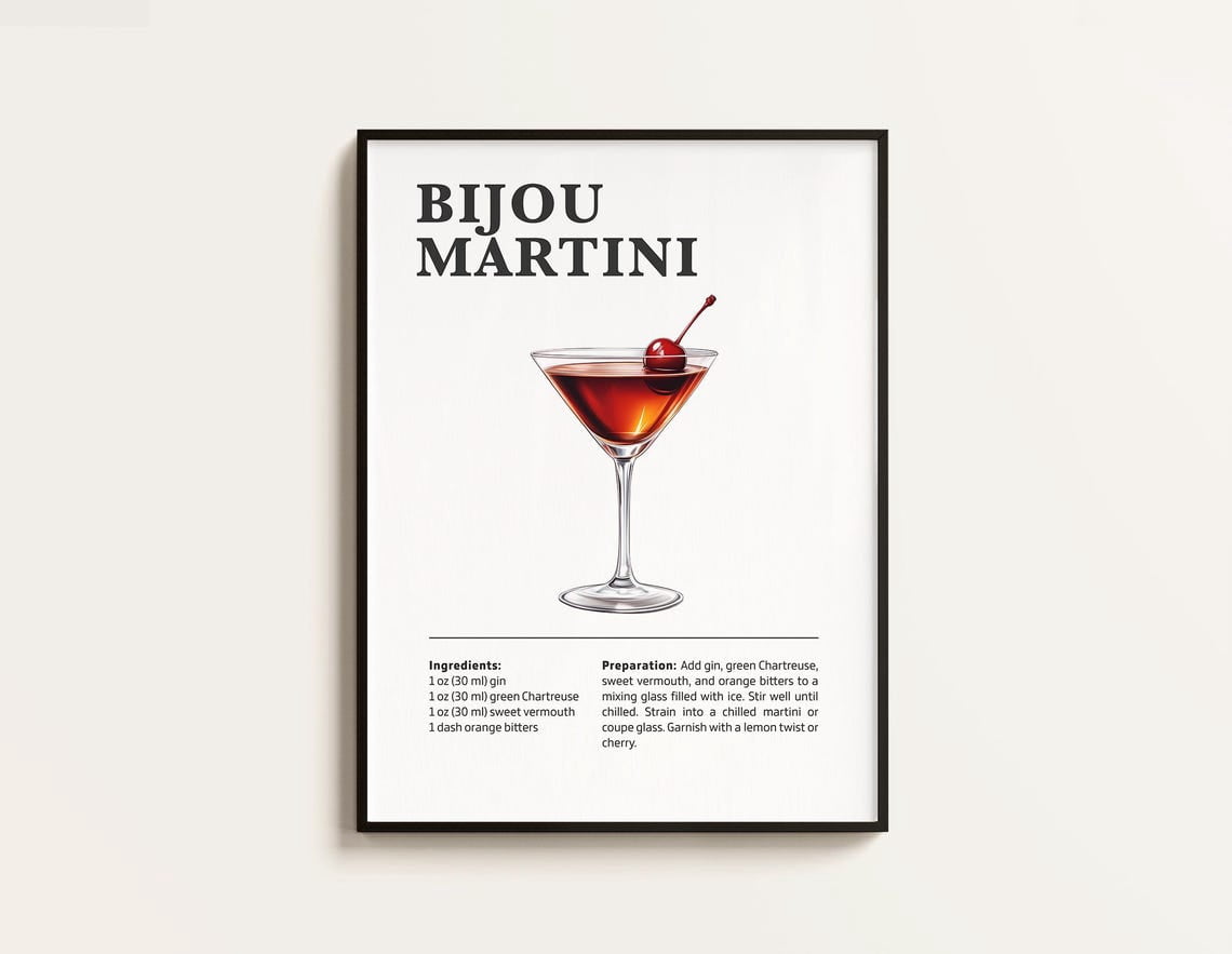 Miluva Bijou Martini Recipe Poster, Martini Cocktail Print, Bar Art ...