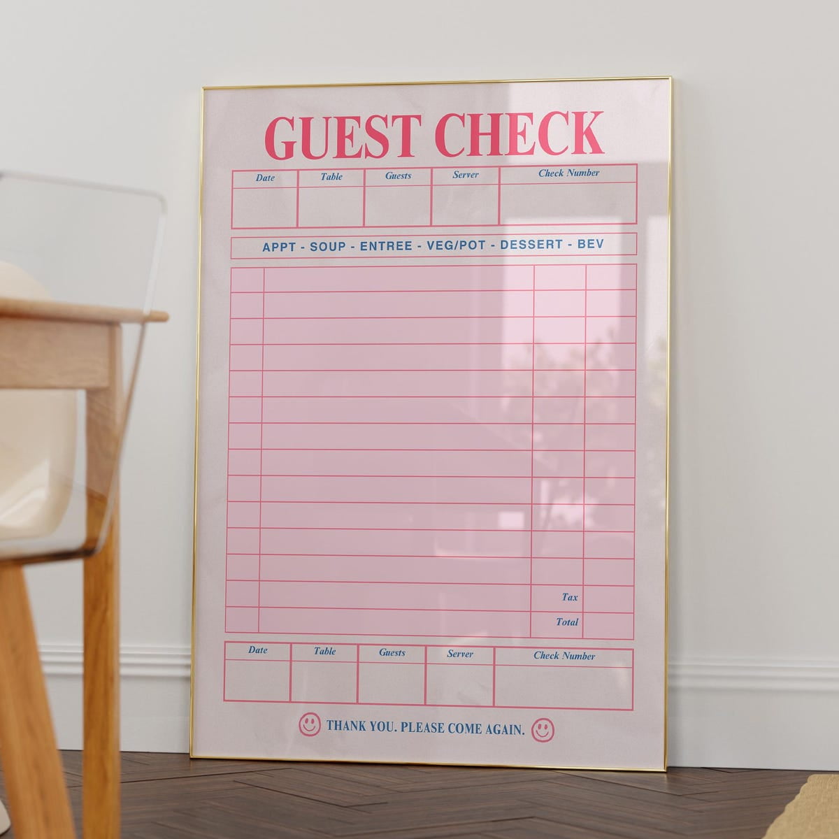Miluva Blank Guest Check Print Pink Guest Check Poster, Retro Art Print ...