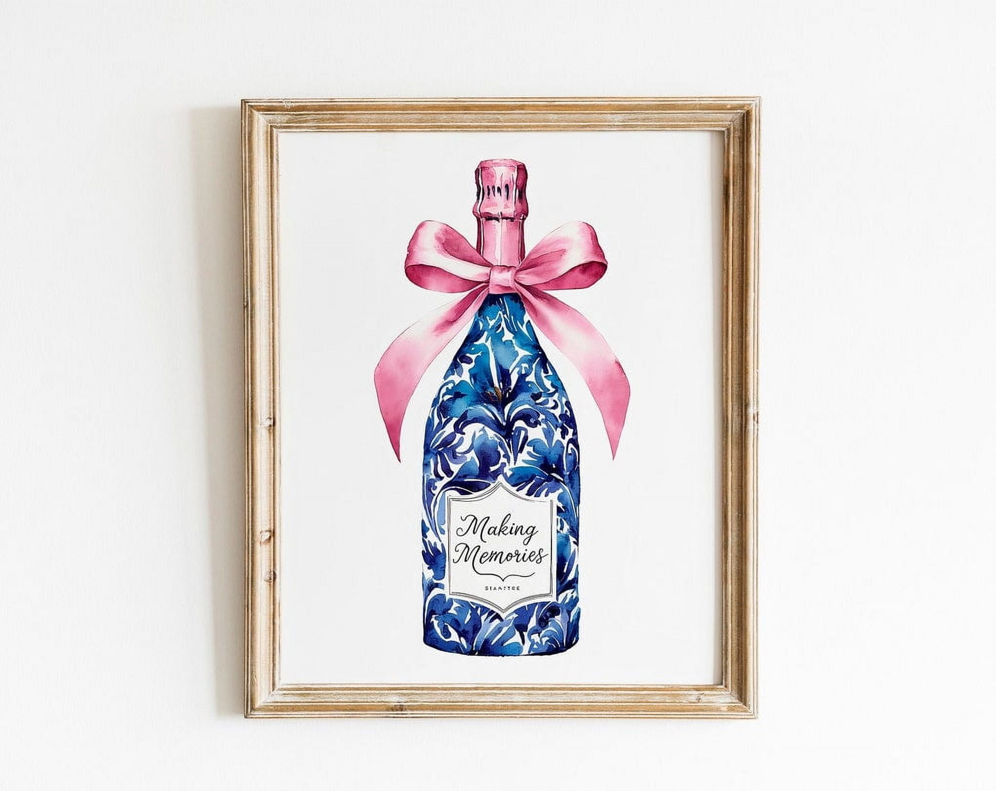 Miluva Blue Bottle Pink Bow Wall Art Bar Cart Decor, Celebratory Wine ...