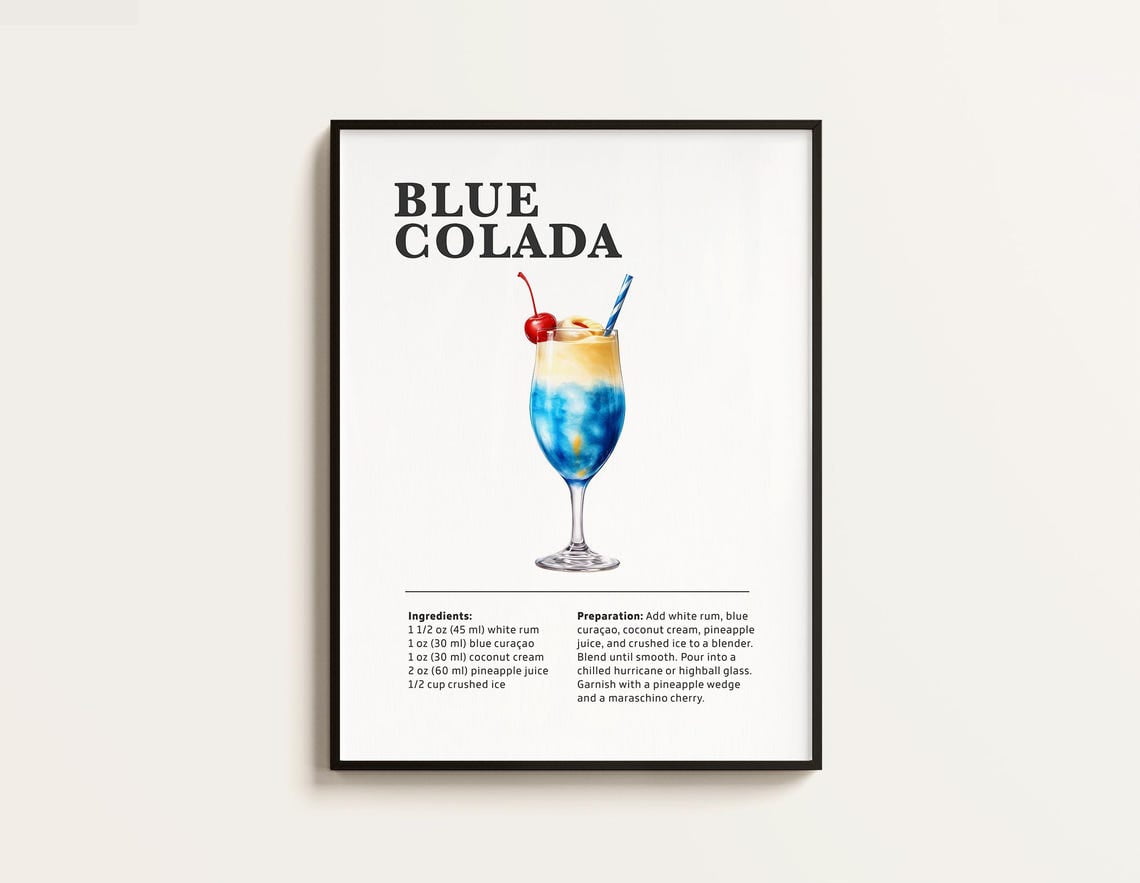 Miluva Blue Colada Poster, Colada Recipe, Cocktail Print, Bar, Kitchen ...