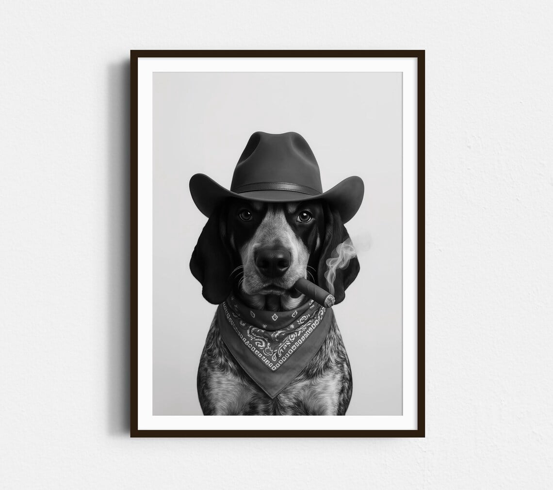 Miluva Bluetick Coonhound Cowboy Wall Art, Western Print, Black And ...