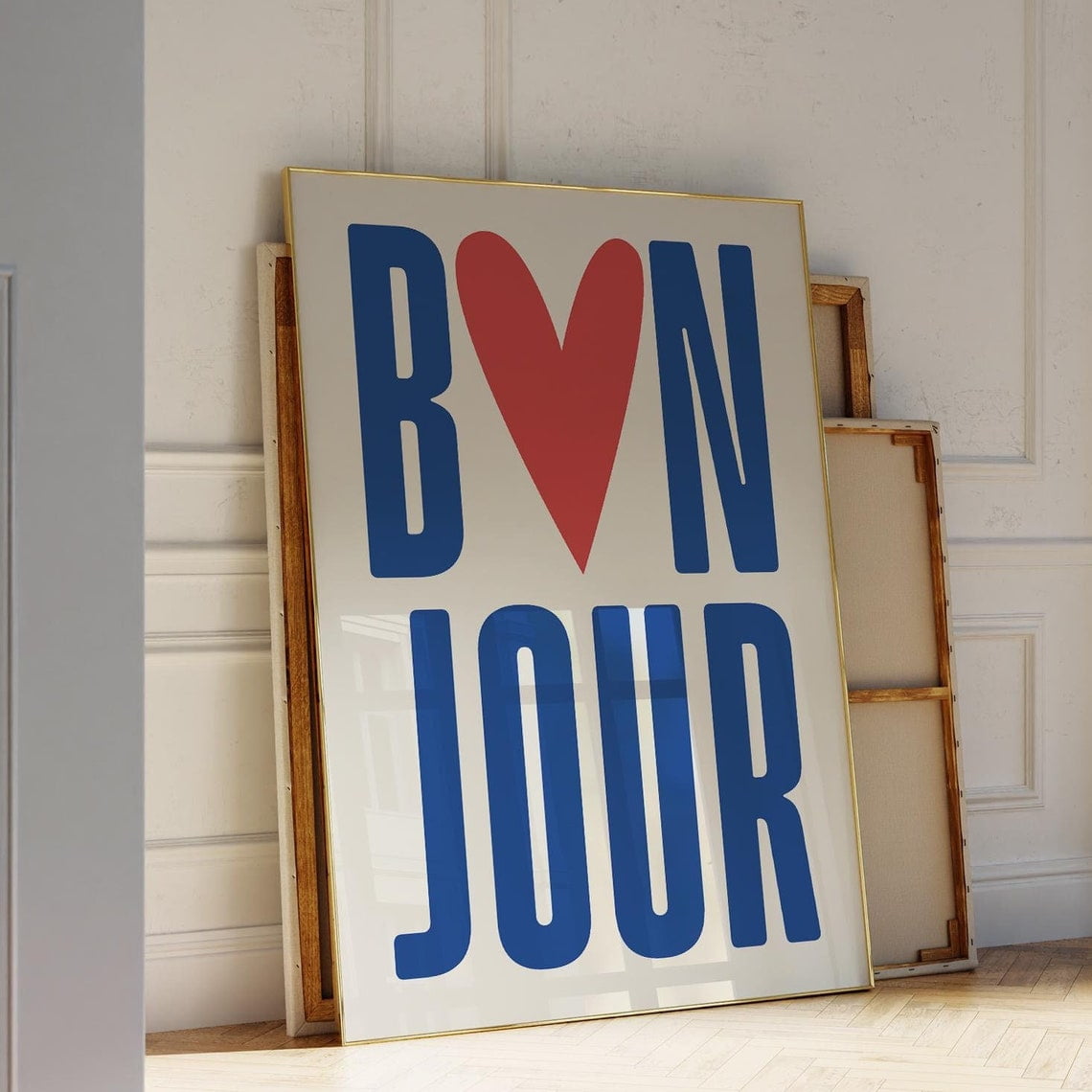 Miluva Bonjour Print, Retro Wall Art, Blue Red Typography Art, Trendy ...