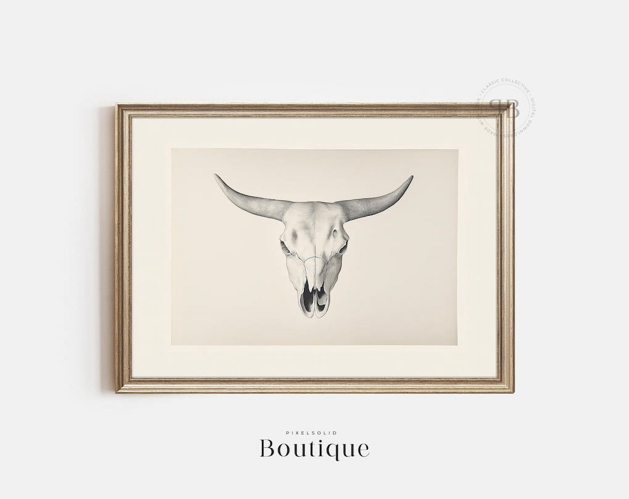 Miluva Bull Skull Wall Art, Black And White Longhorn Illustration ...