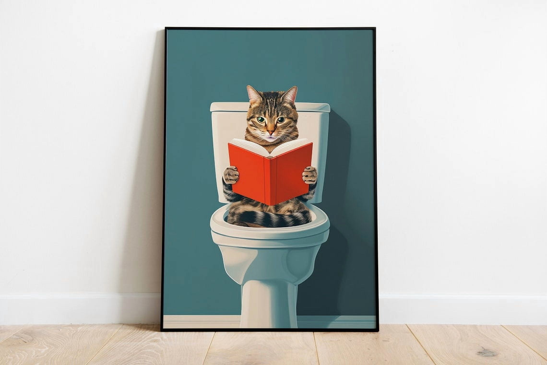 Miluva Cat Sitting On Toilet Reading Book Print, Cat Bathroom Poster ...