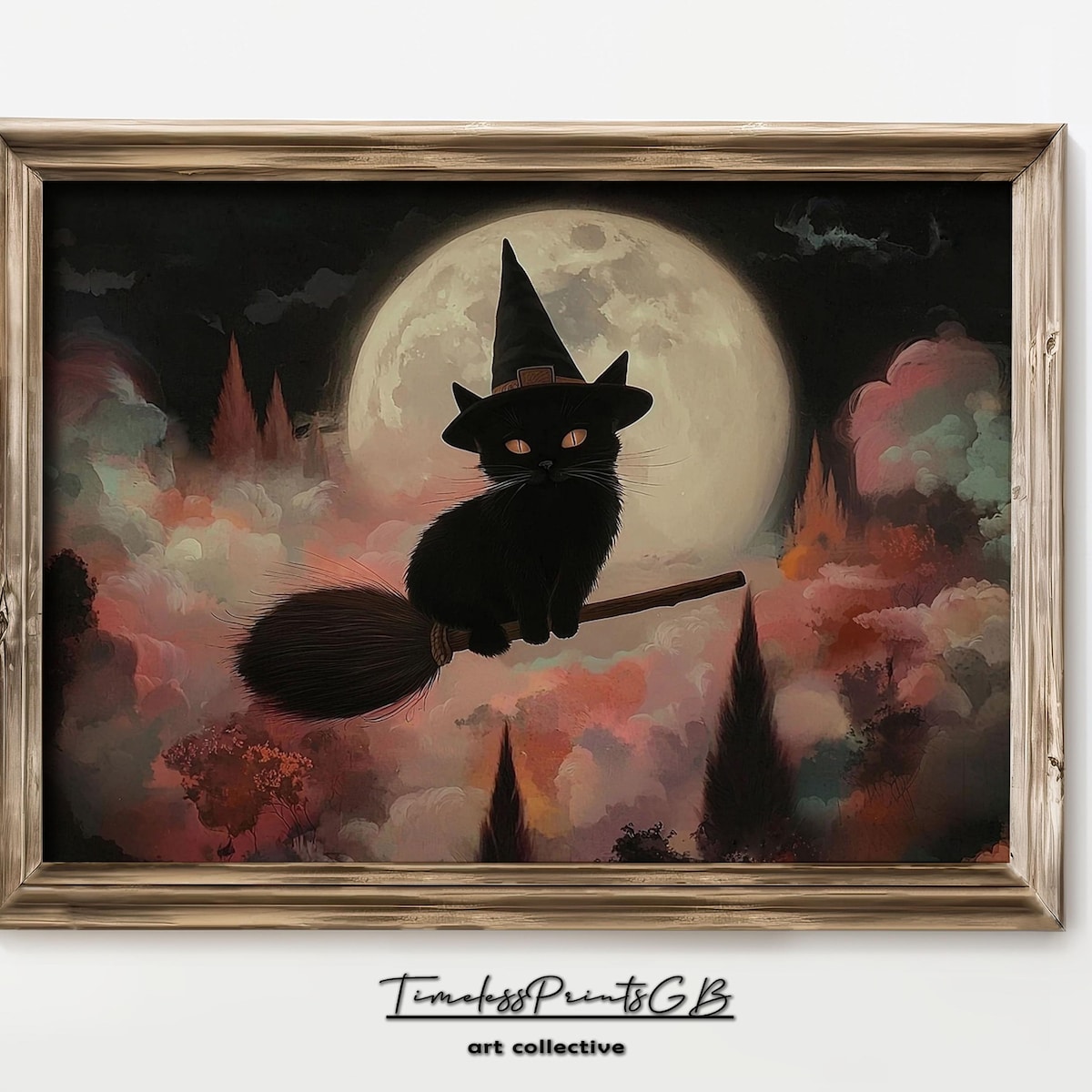 Miluva Cat in a witch hat wall art vintage halloween cute cat halloween ...