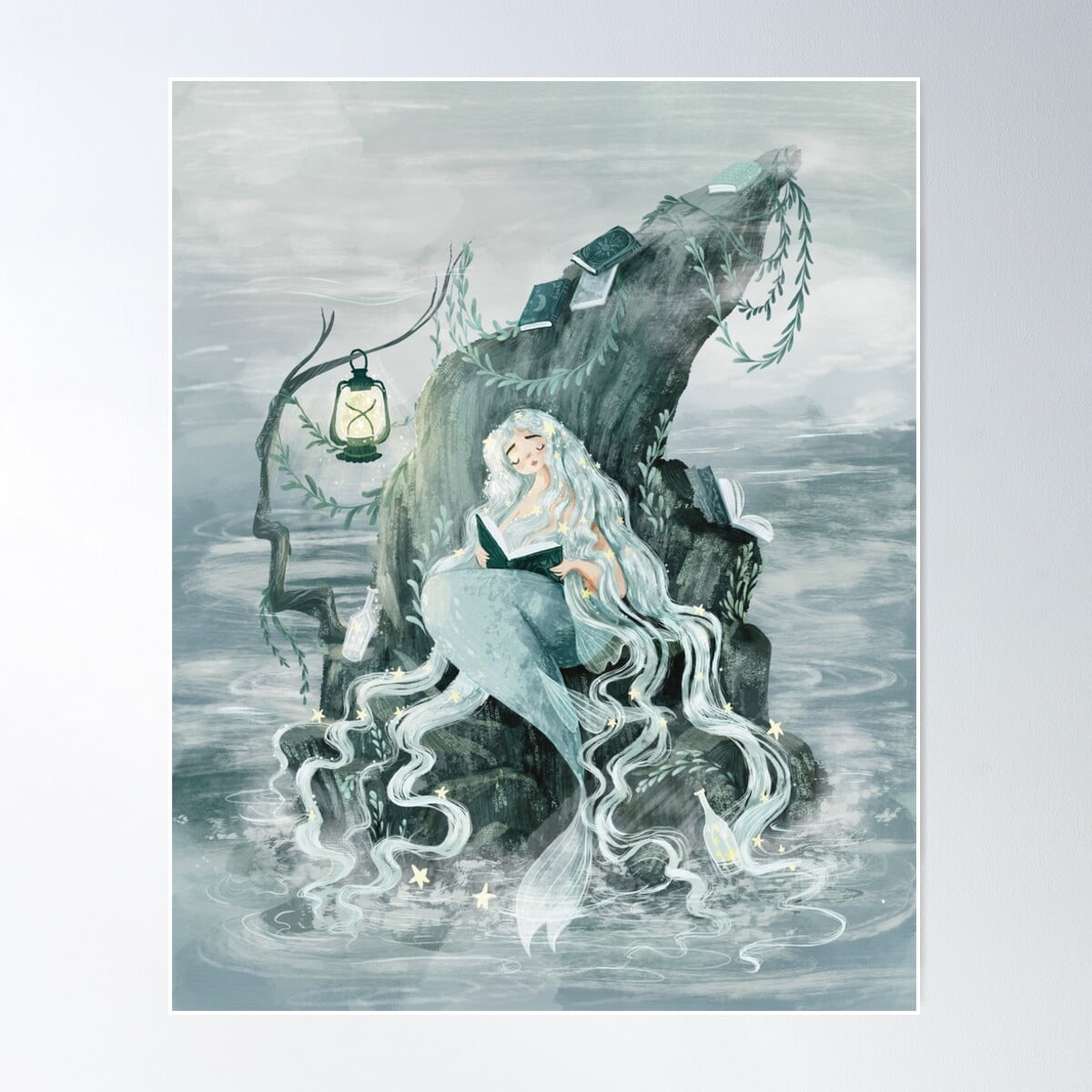 Miluva Celestial Reading Mermaid Poster Wall Art, Modern Wall Decor For ...