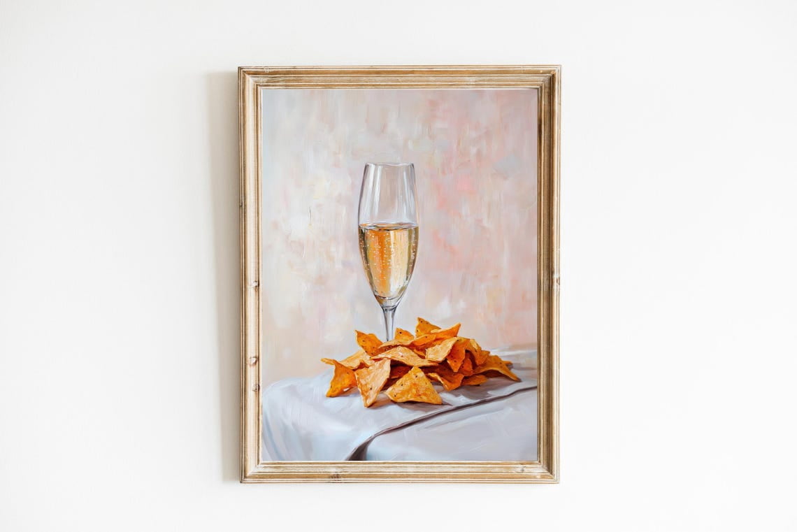 Miluva Champagne And Nacho Cheese Chips Art Print Cute Quirky Whimsical ...
