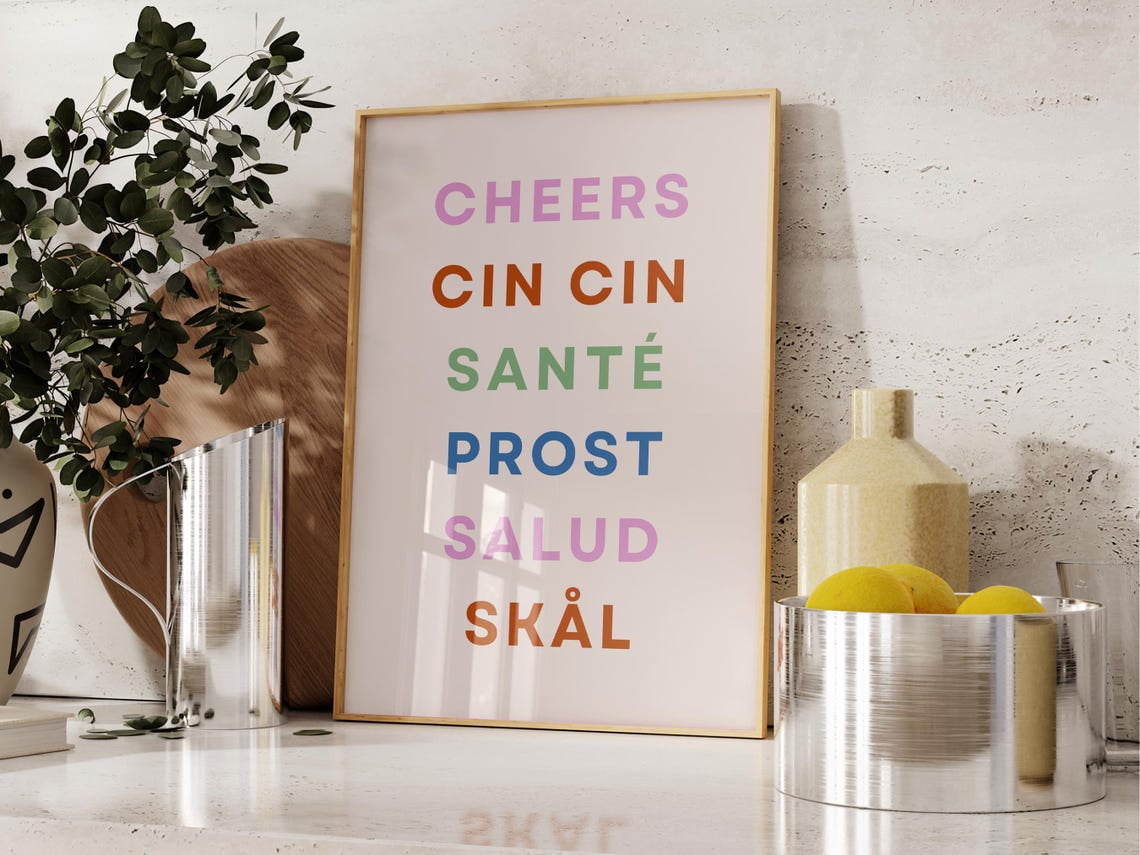 Miluva Cheers Print In Different Languages Colorful Bar Cart Decor Printable Cocktail Poster Cin ...
