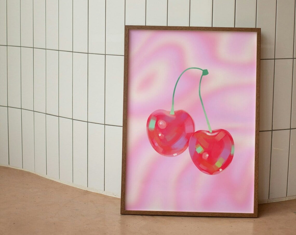 Miluva Cherries Poster Print, Cherry Wall Art, Y2K Aesthetic Decor, Pink Posters Trendy Wall Art ...