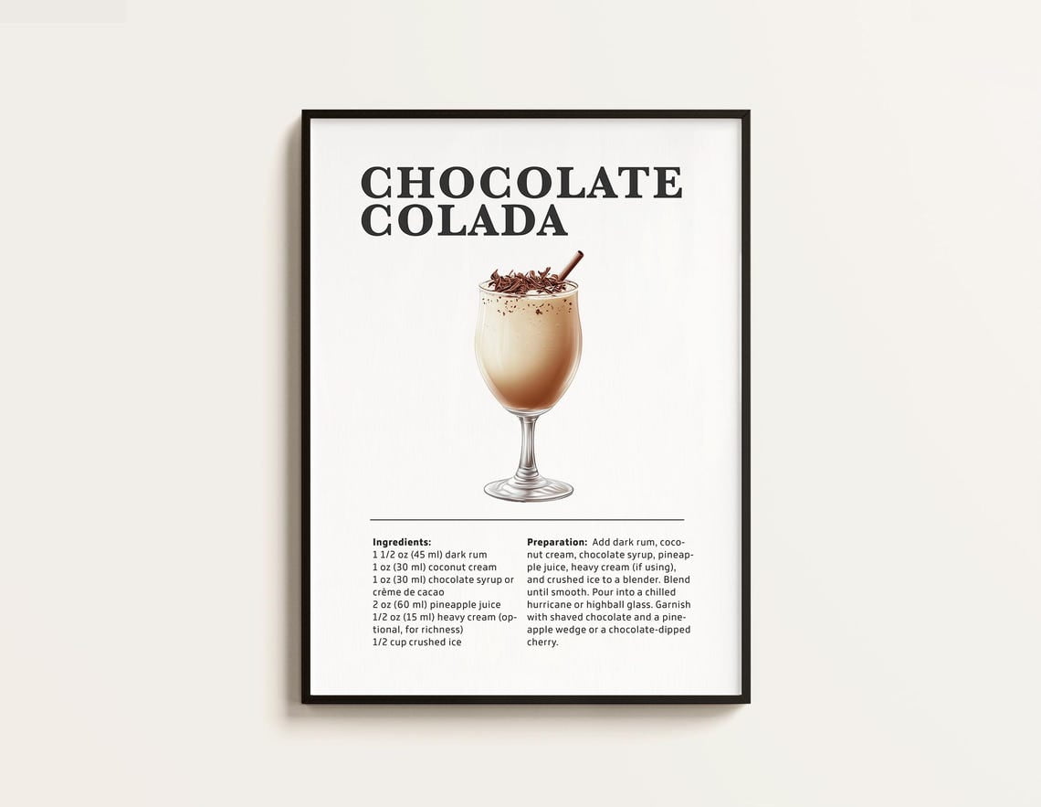 Miluva Chocolate Colada Poster, Colada Recipe, Cocktail Print, Bar ...