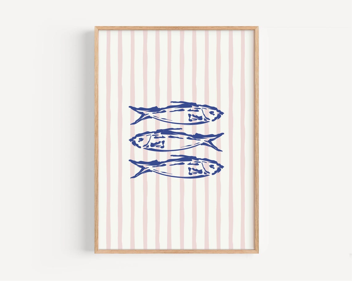 Miluva Coastal Digital Wall Art With Blue Fish Print On Striped ...