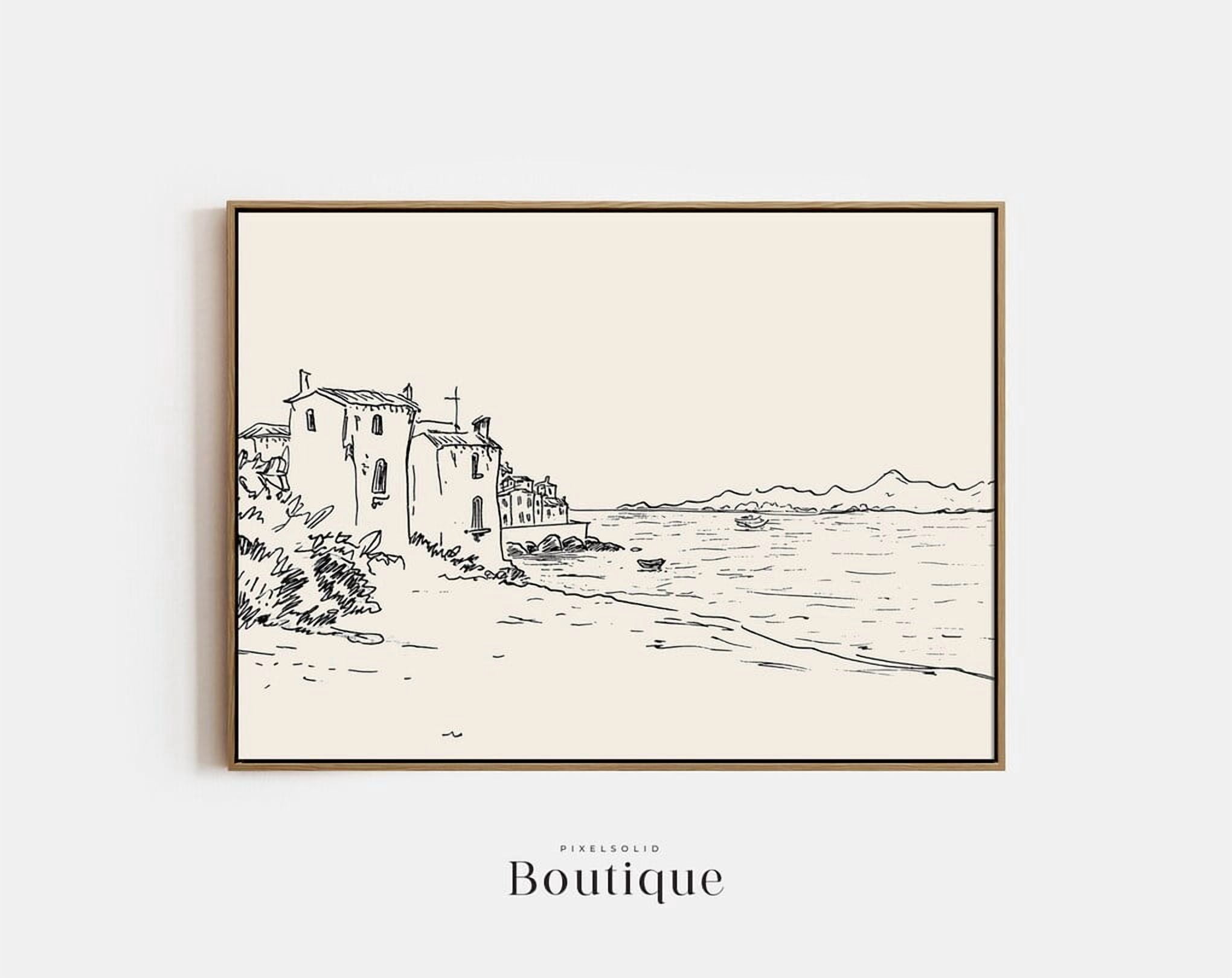 Miluva Coastal Italian Ink Drawing, Black And White Seaside Art ...