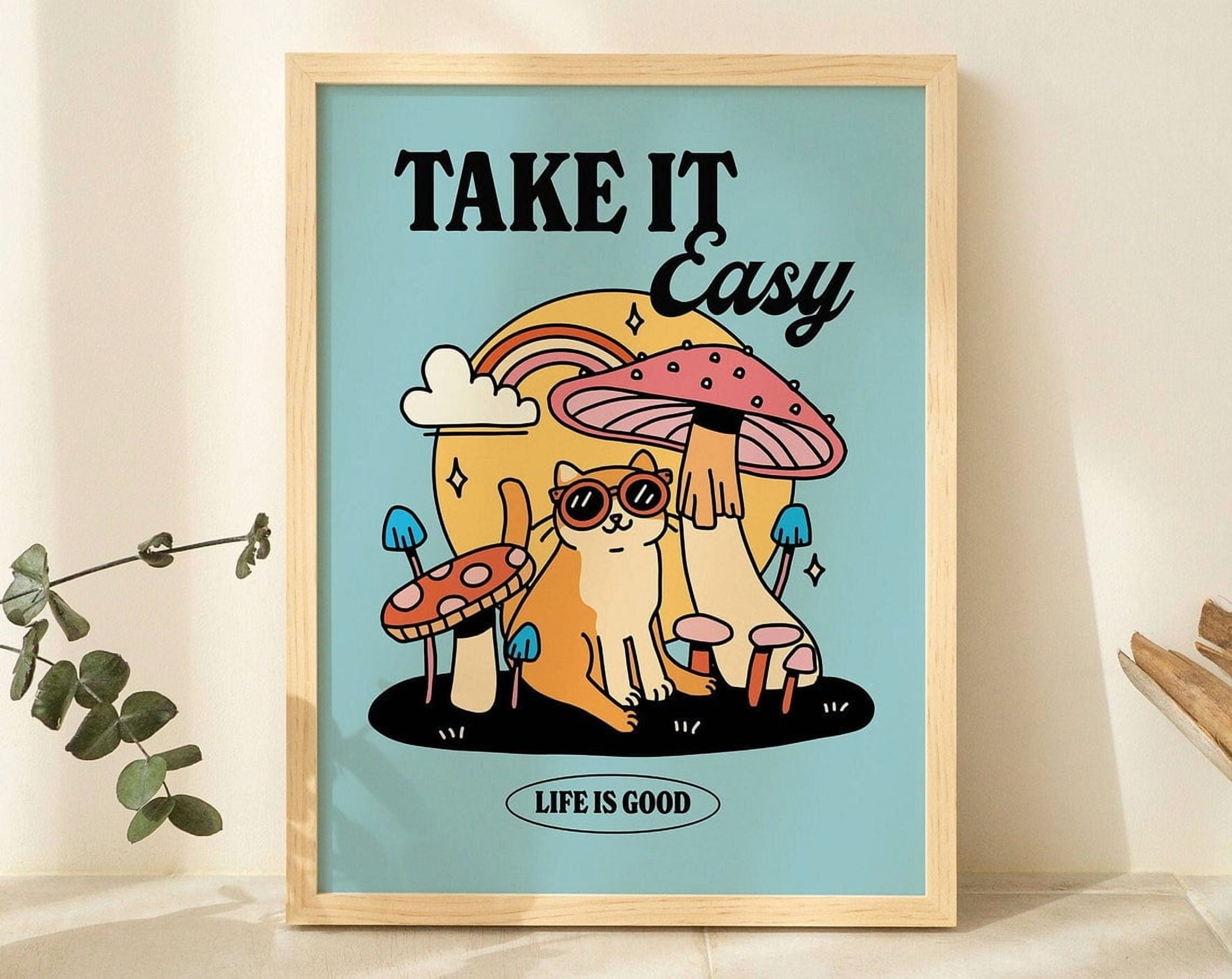 Miluva Colorful Cat Mushroom Print, Take It Easy Quote Poster, Blue ...