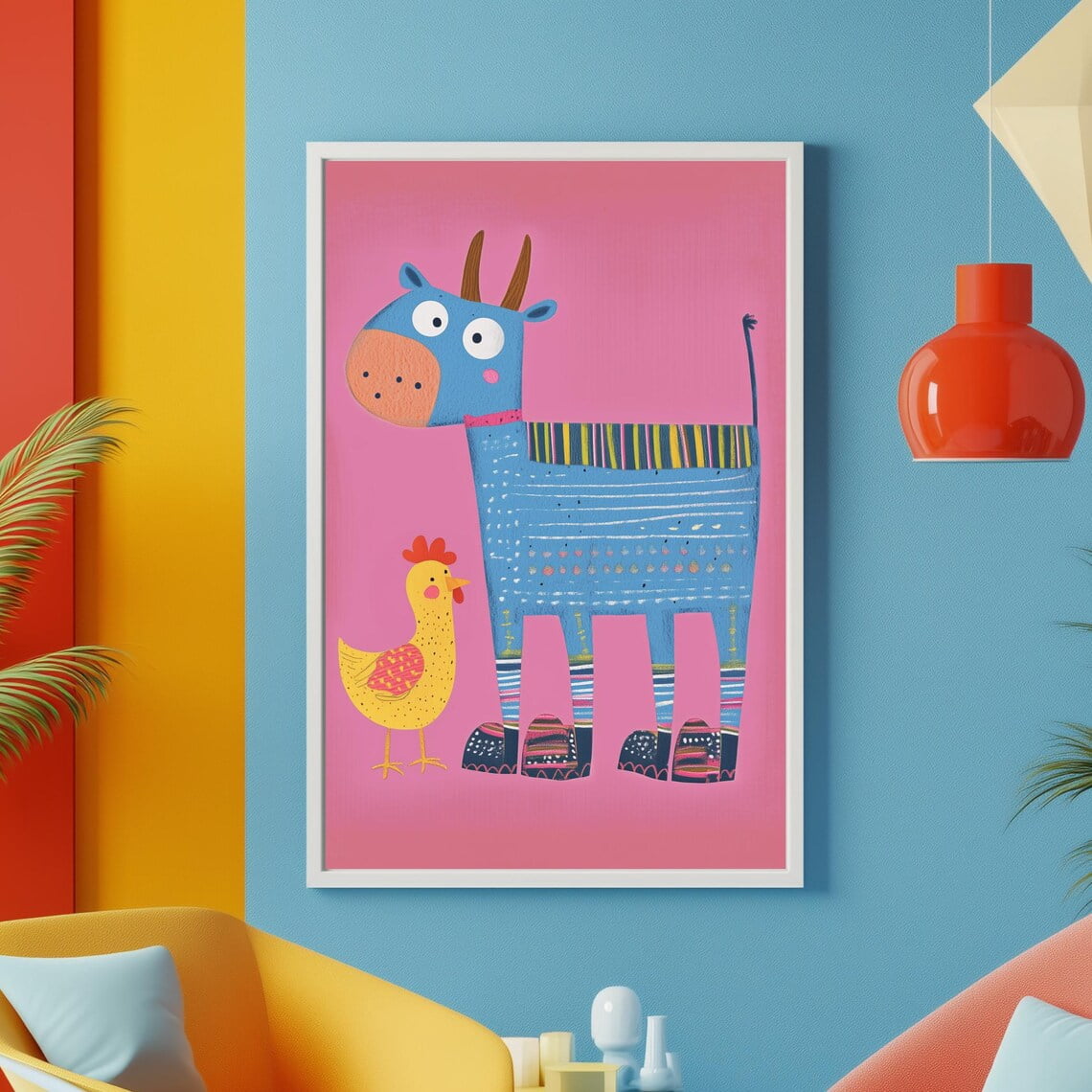 Miluva Colorful Cow And Chicken Print, Kids Room Wall Art, Whimsical ...