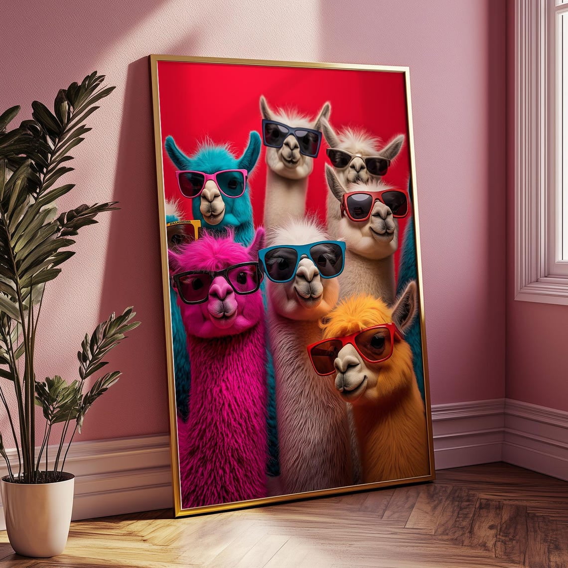Miluva Colorful Llama Wall Art Print, Llama With Sunglasses, Cool ...