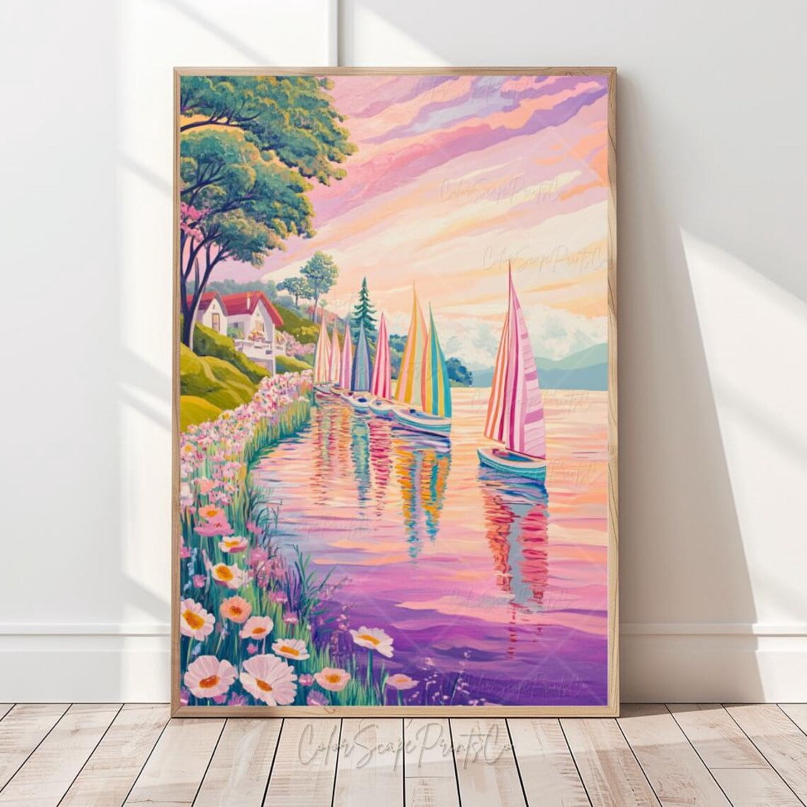Miluva Colorful Seascape Striped Sailboats Wall Art Summer Coastal ...