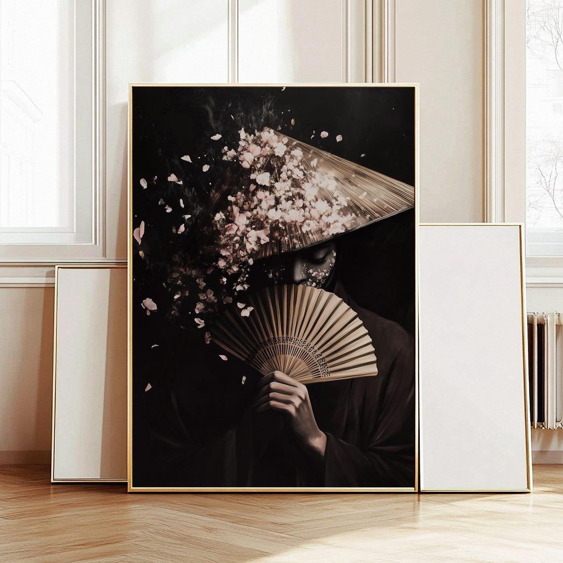 Miluva Conical Hat Art Print Japanese Fan Wall Art Dark Moody Floral ...